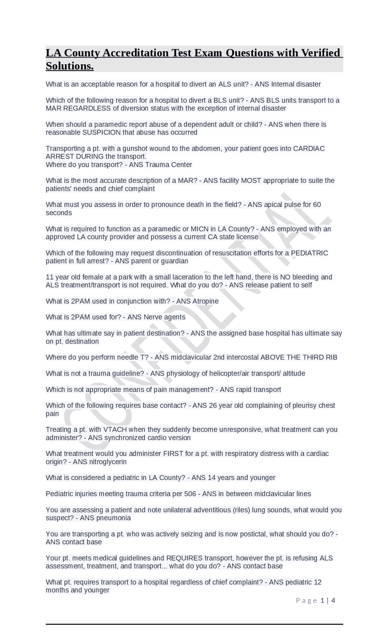 LA County Paramedic Accreditation Test Exam Questions and Answers ...