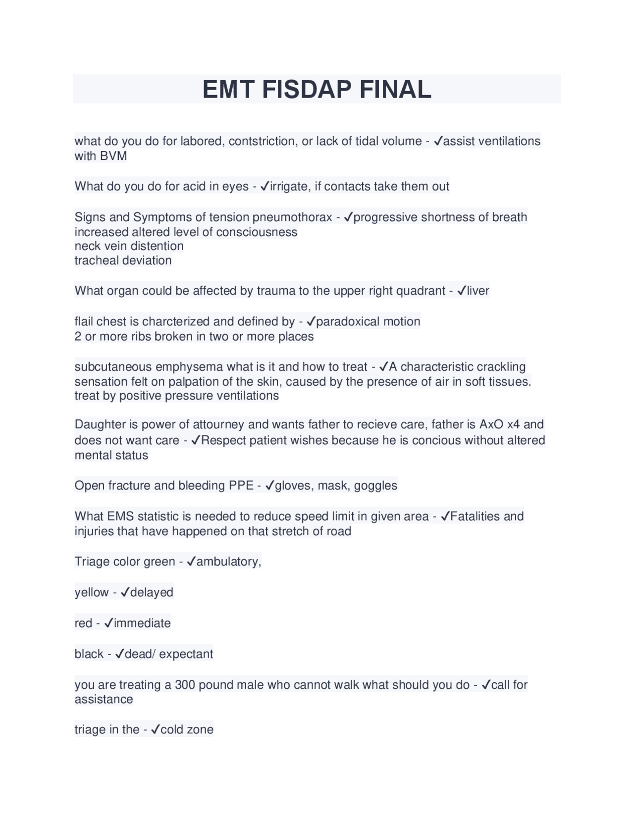 EMT FISDAP Final: Emergency Medical Technician Fundamentals of Patient ...