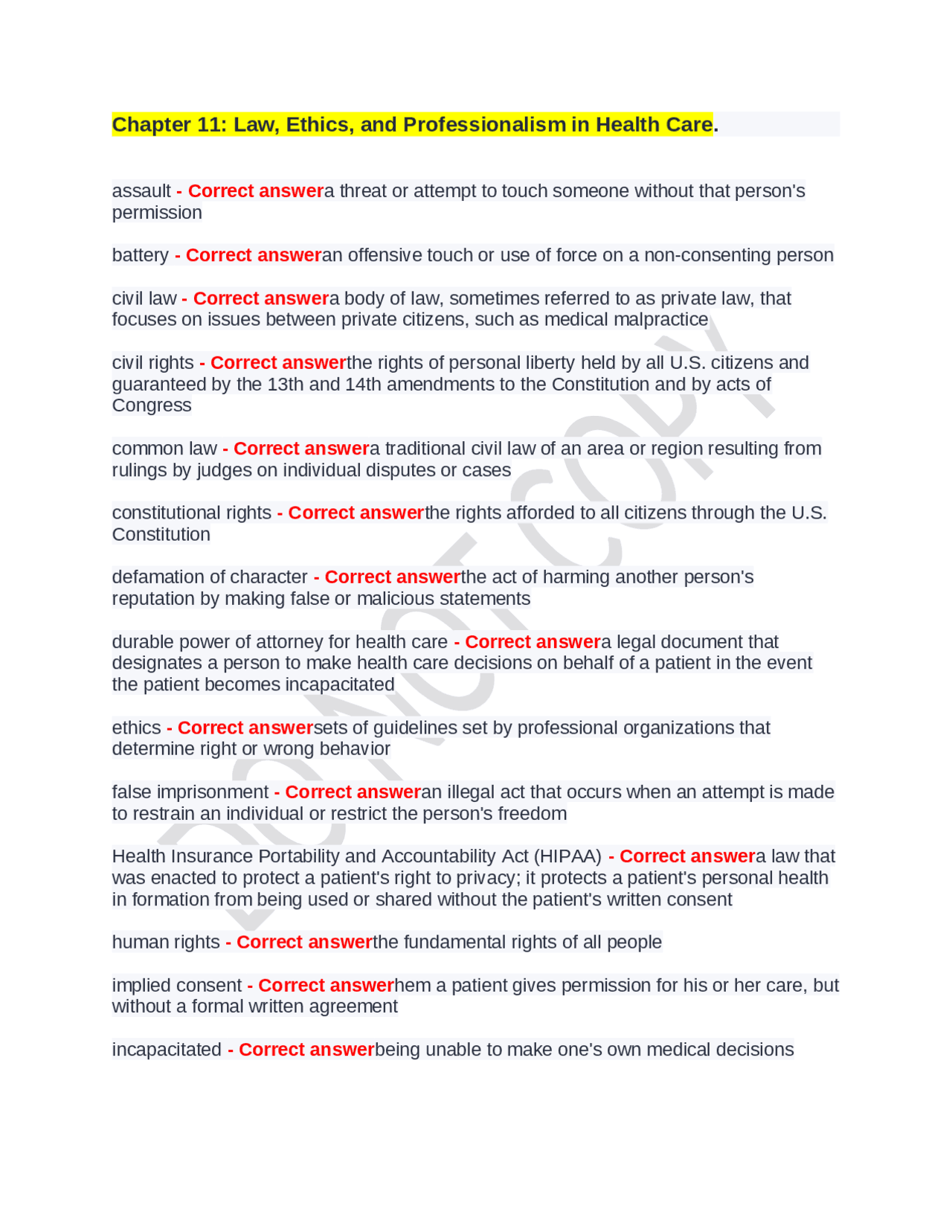 Law, Ethics, and Professionalism in Health Care: Key Concepts | Exams ...