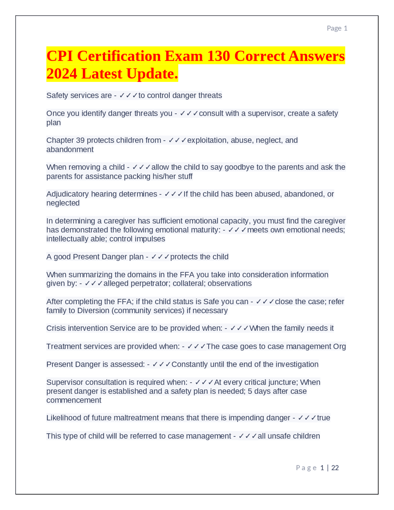 CPI Certification Exam 130 Correct Answers 2024 Latest Update. | Exams ...