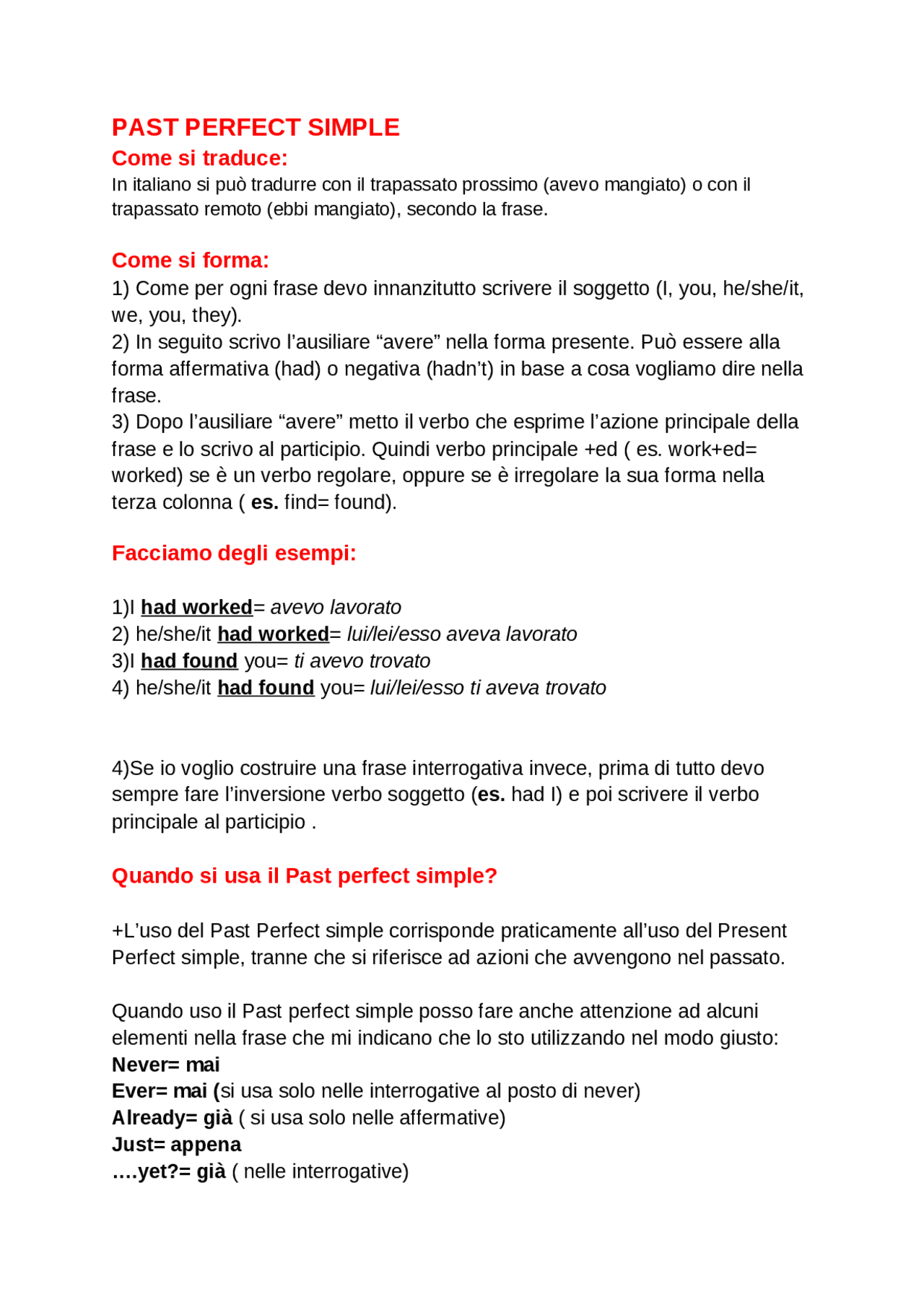 (Past Perfect Simple) | Appunti di Inglese | Docsity