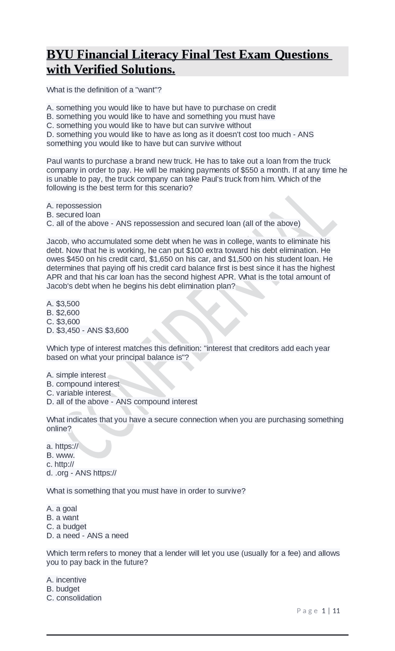 BYU Financial Literacy Final Test Exam Questions with Verified ...