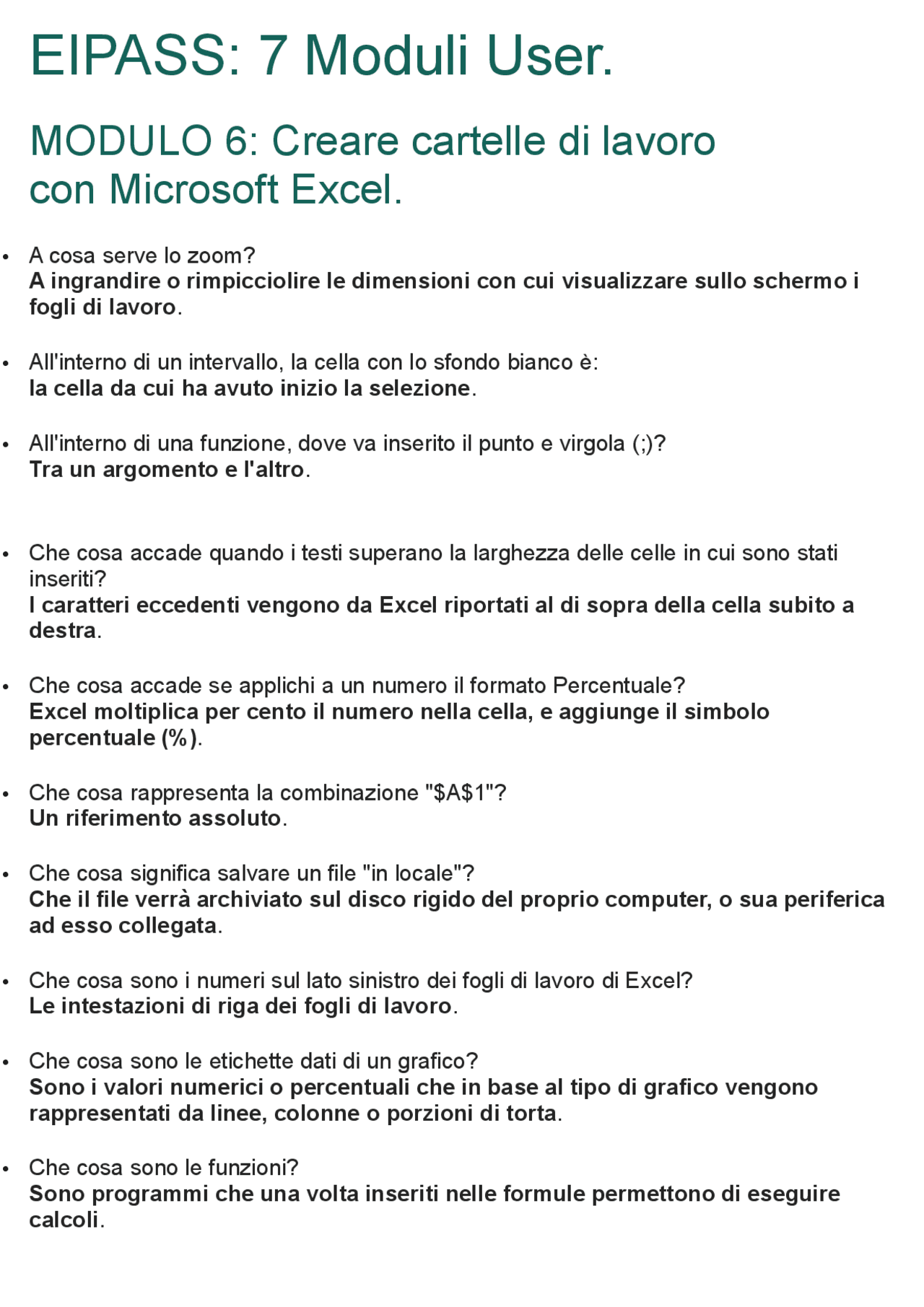 Eipass 7 Moduli User - Modulo 6: Creare cartelle di lavoro con Microsoft Excel (2024). | Prove d ...