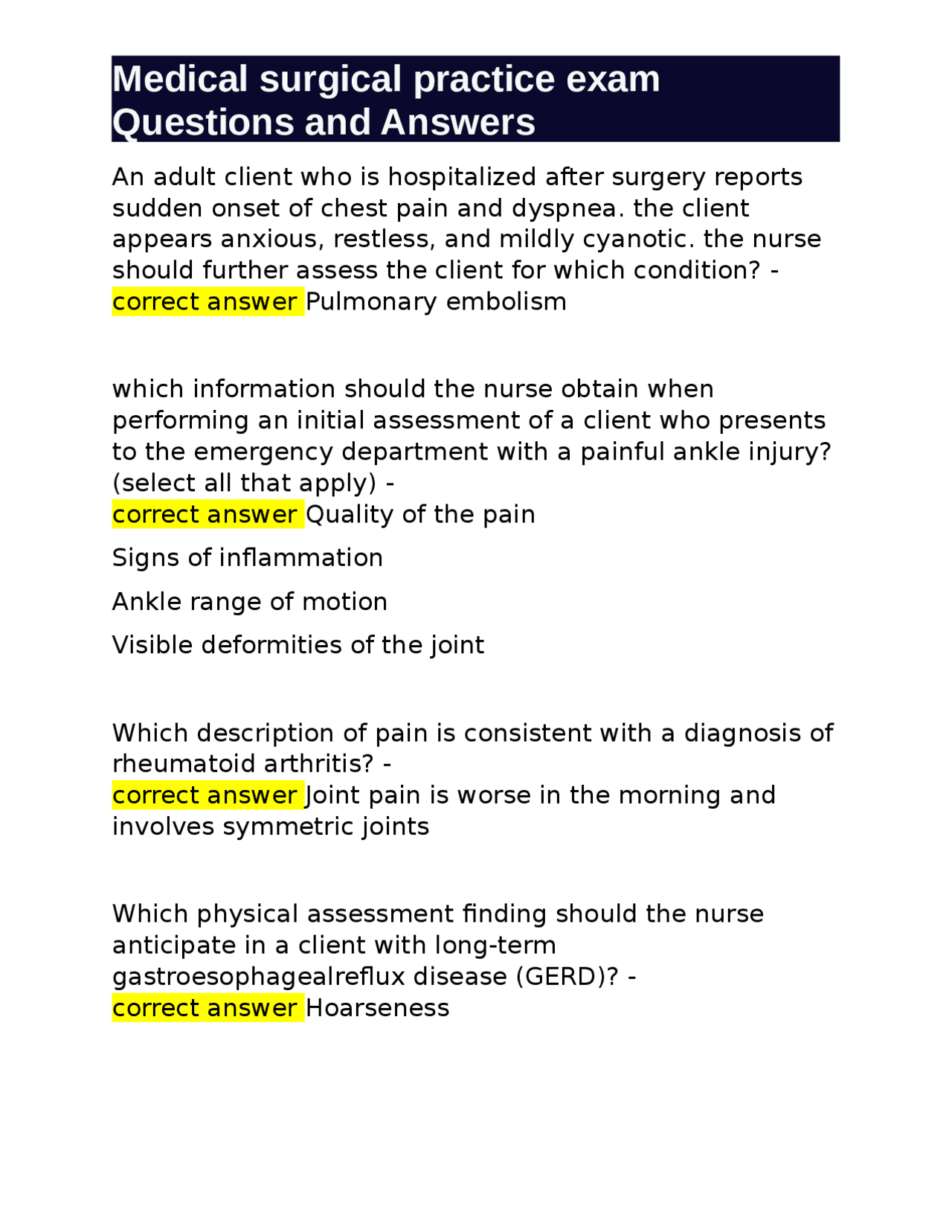 Medical surgical practice exam Questions and Answers | Exams Nursing ...