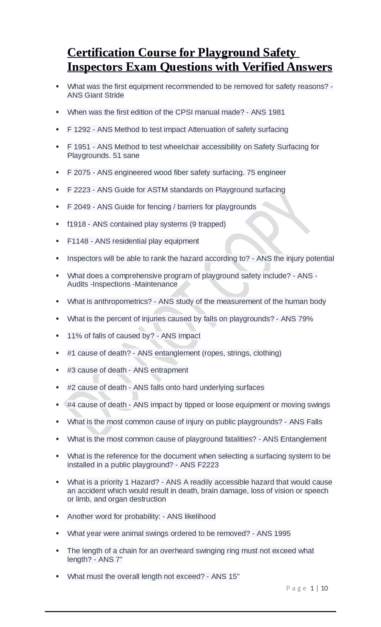 Certification Course for Playground Safety Inspectors Exam Questions ...