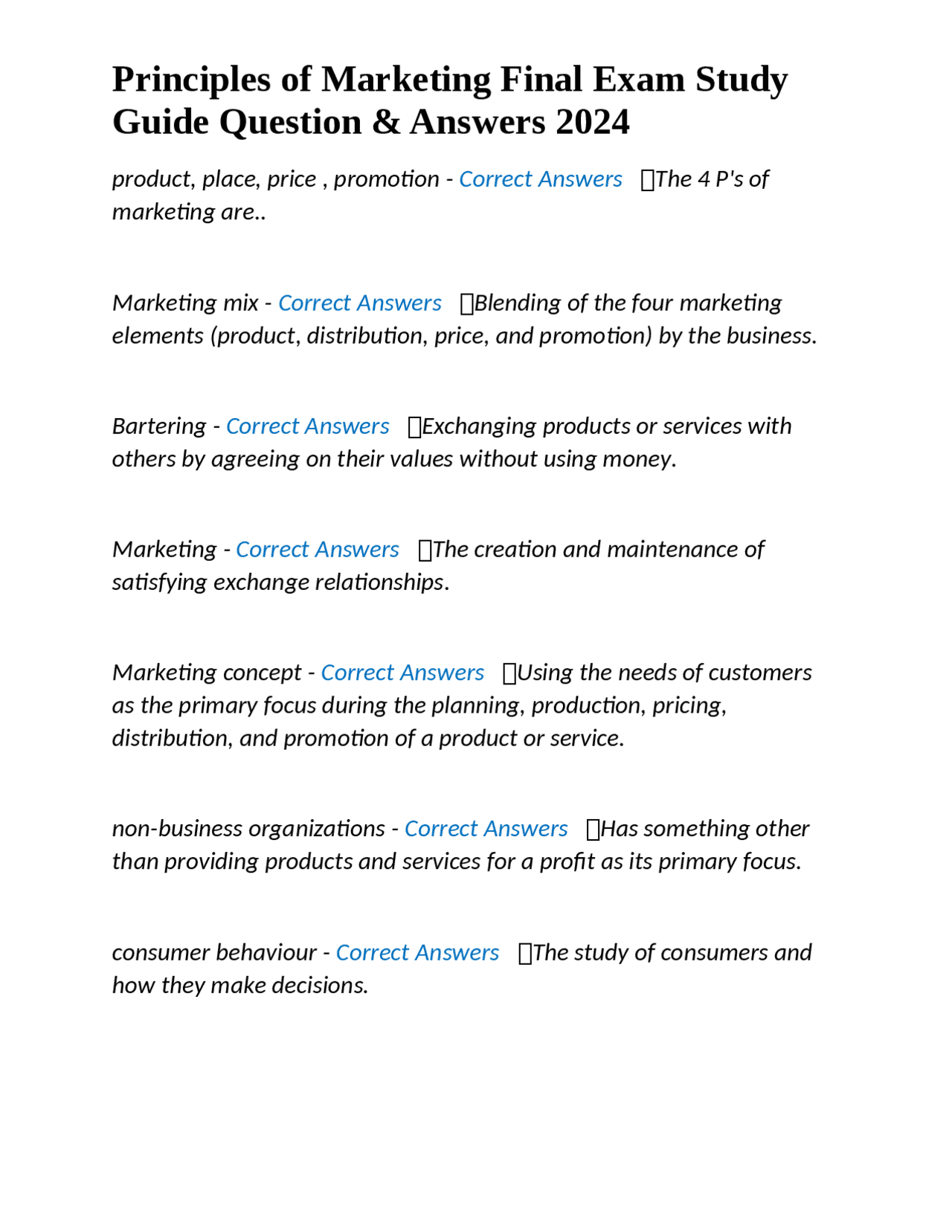 Principles of Marketing Final Exam Study Guide Questions and Answers ...