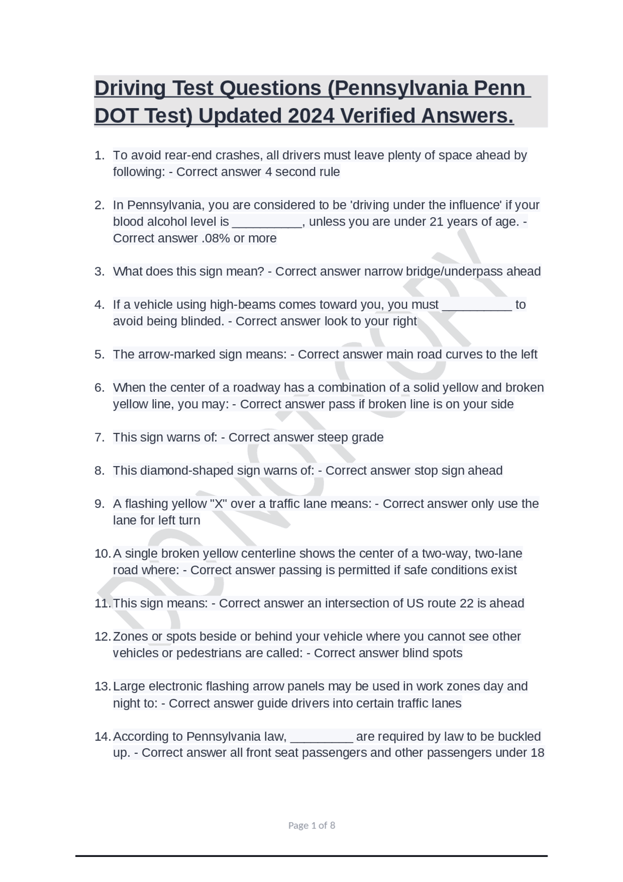 Driving Test Questions (Pennsylvania Penn DOT Test) Updated 2024 ...