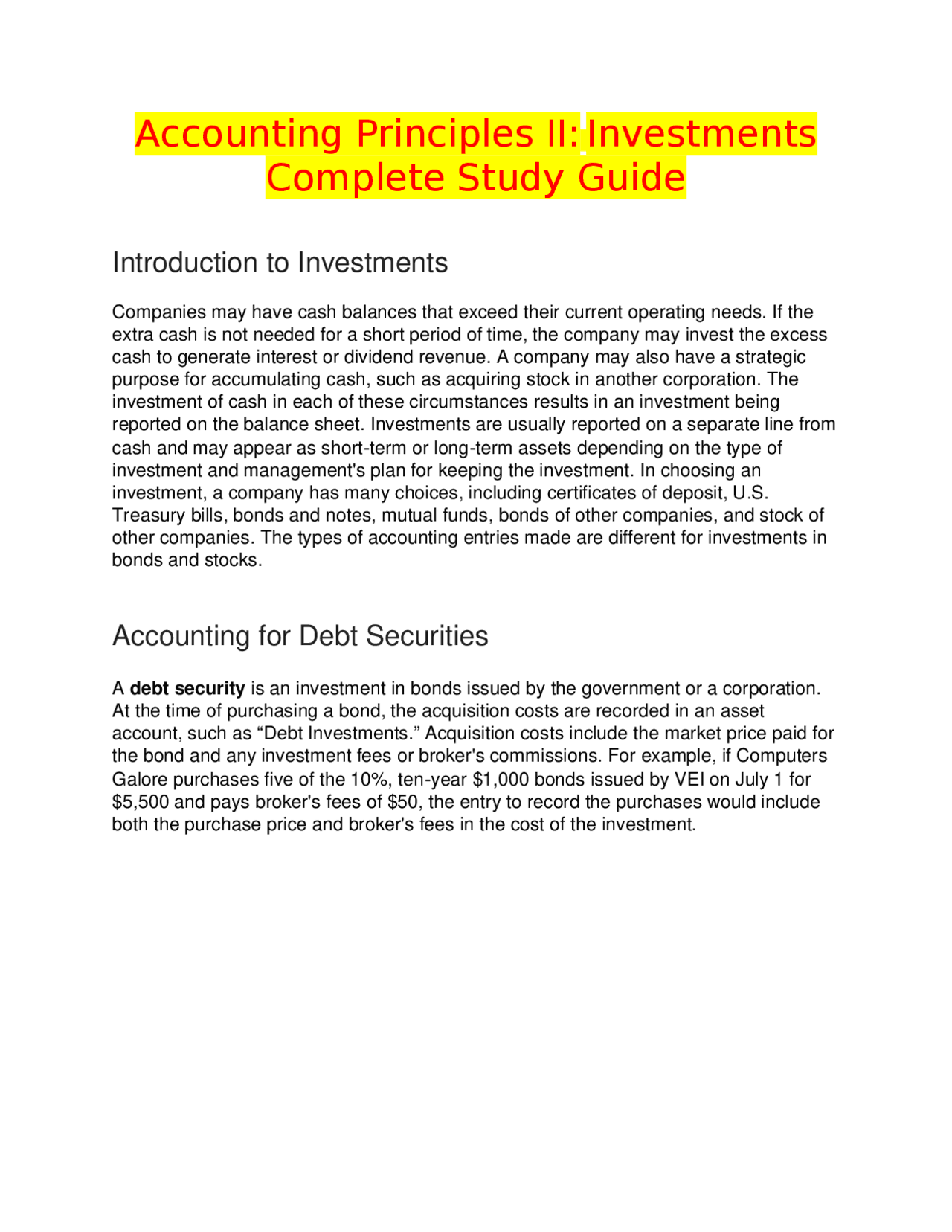 Accounting Principles II: Investments Complete Study Guide | Exams ...