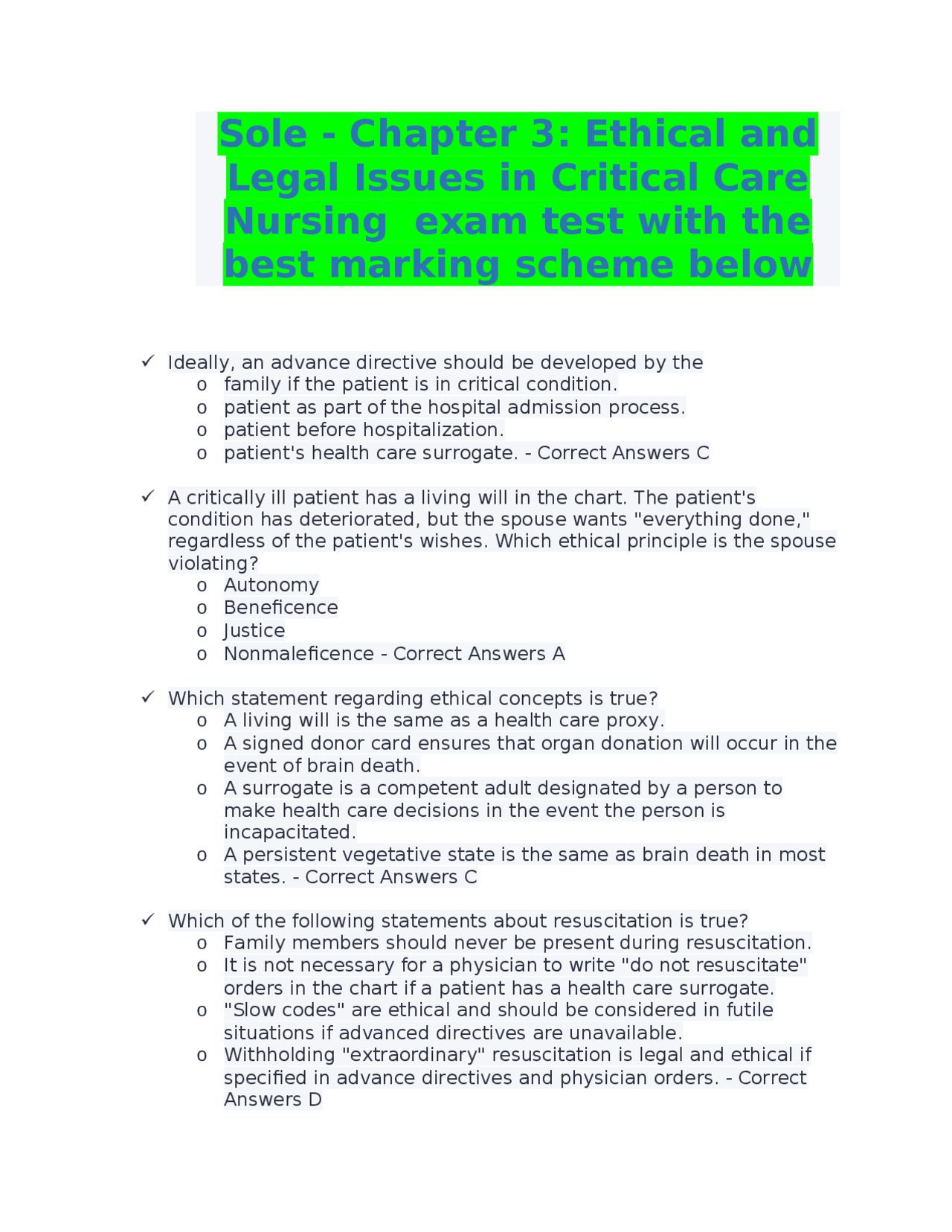 Ethical and Legal Issues in Critical Care Nursing: Exam Questions and ...