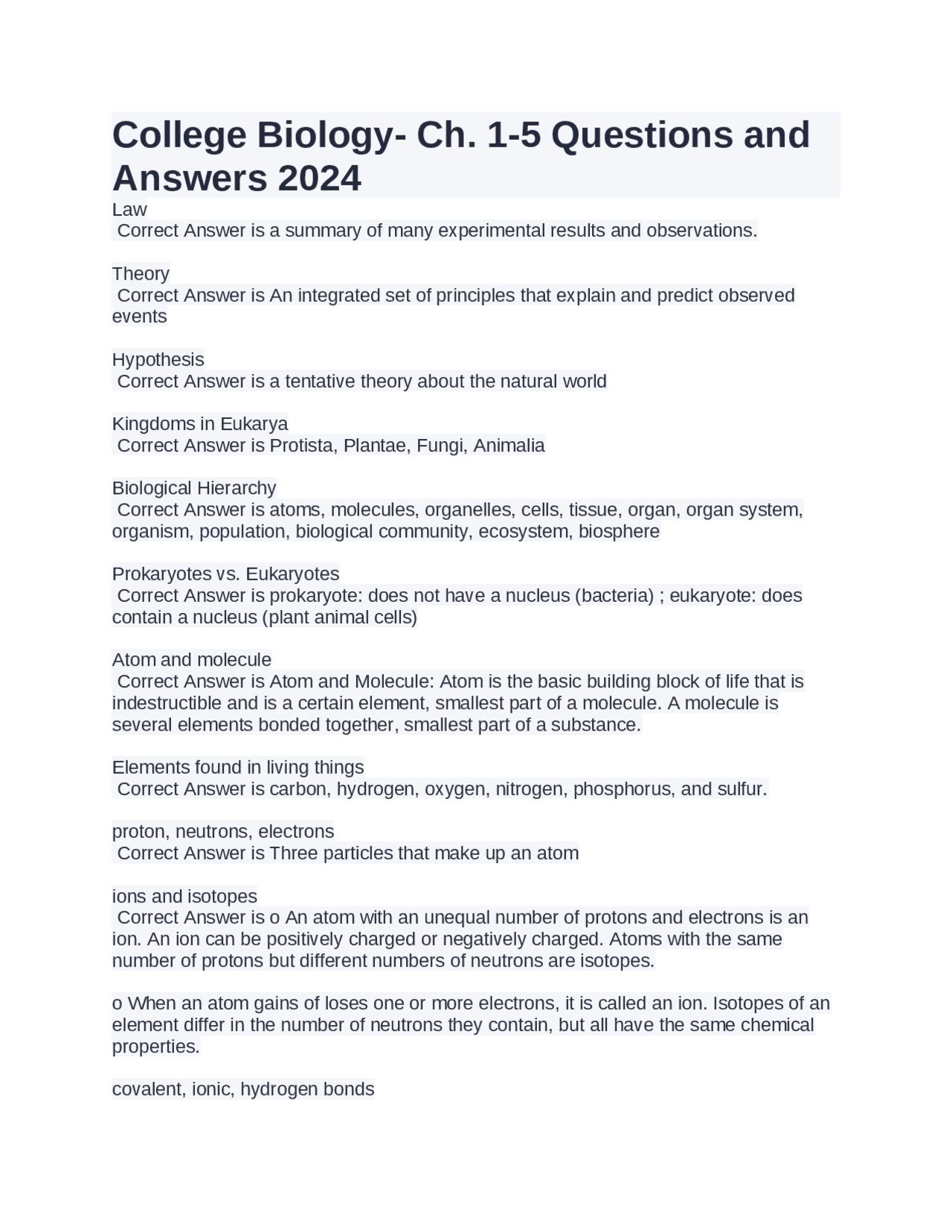 Biology Study Guide: Questions and Answers for Chapters 1-5 | Exams ...