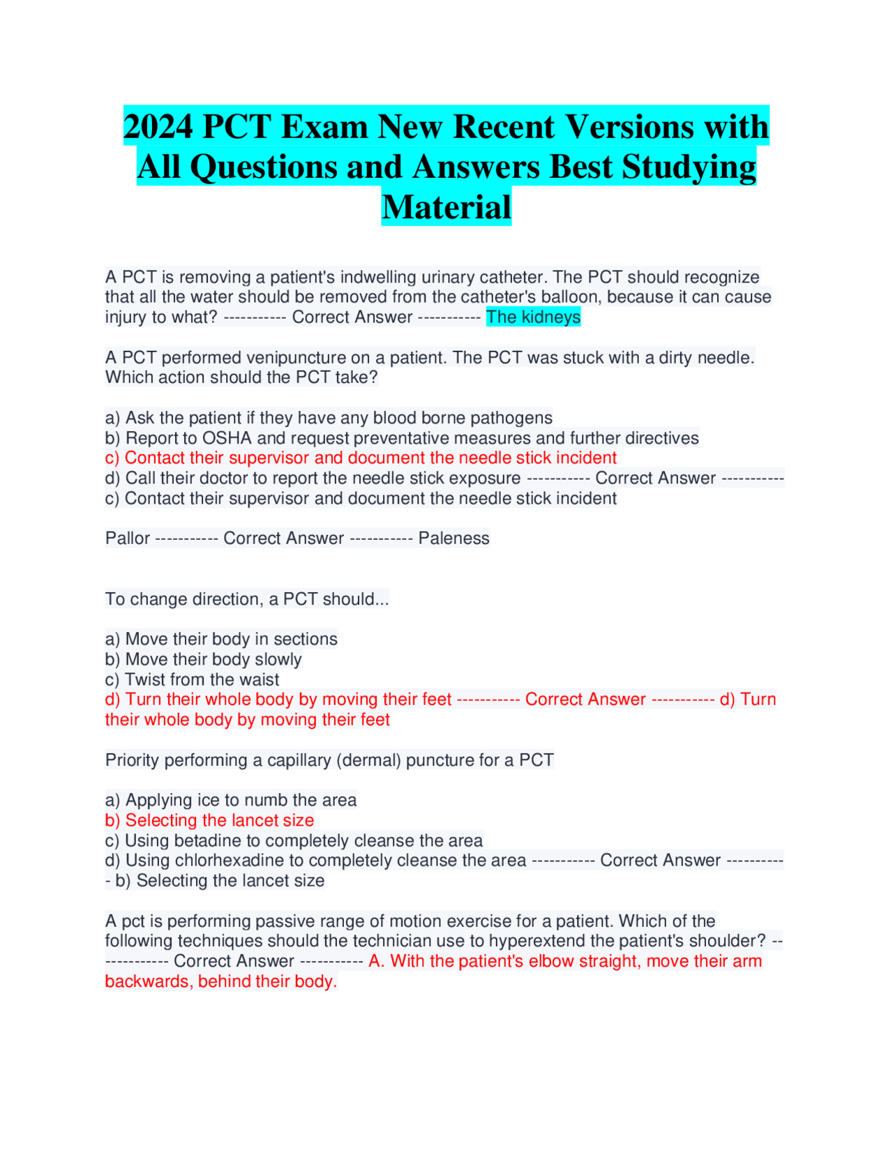 2024 PCT Exam New Recent Versions with All Questions and Answers Best ...