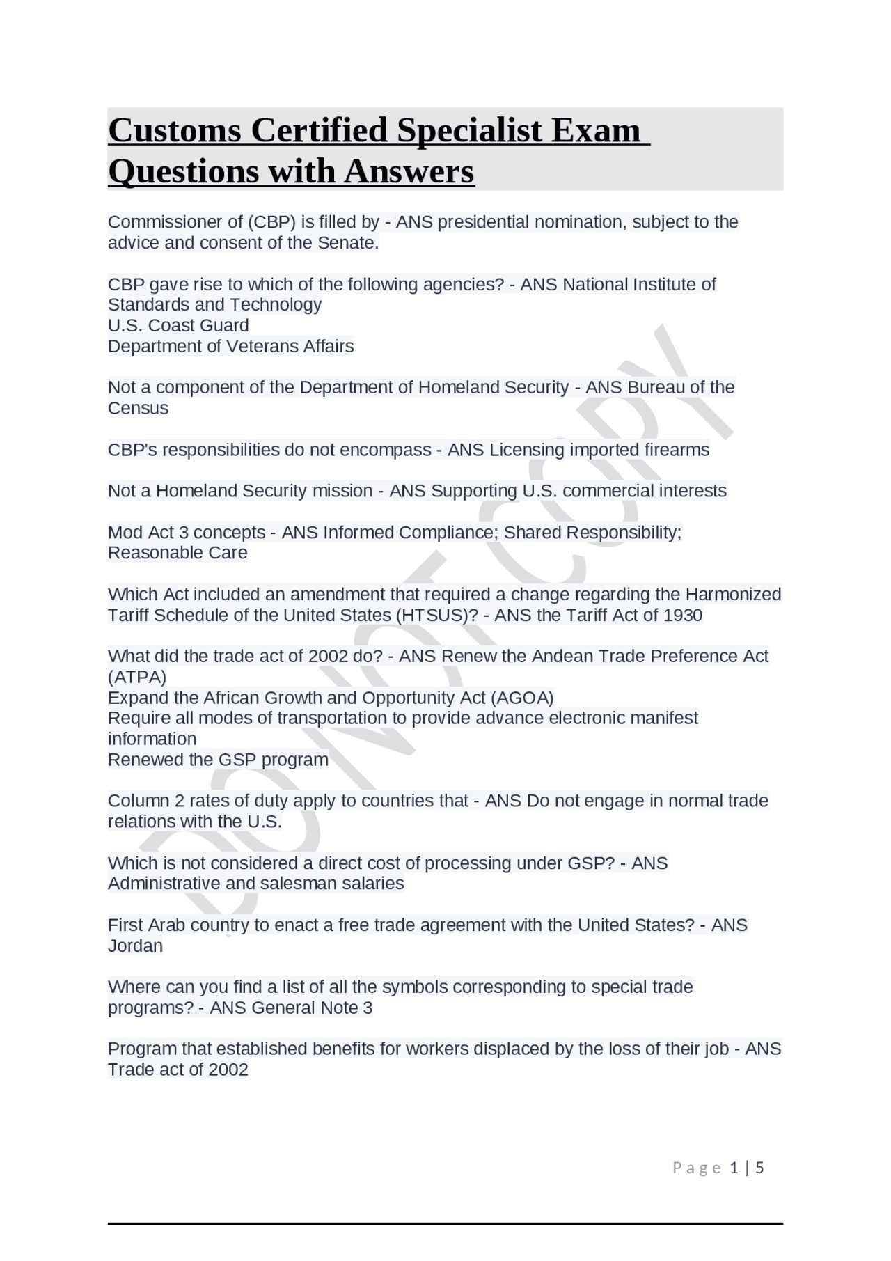 Customs Certified Specialist Exam Questions with Answers | Exams ...