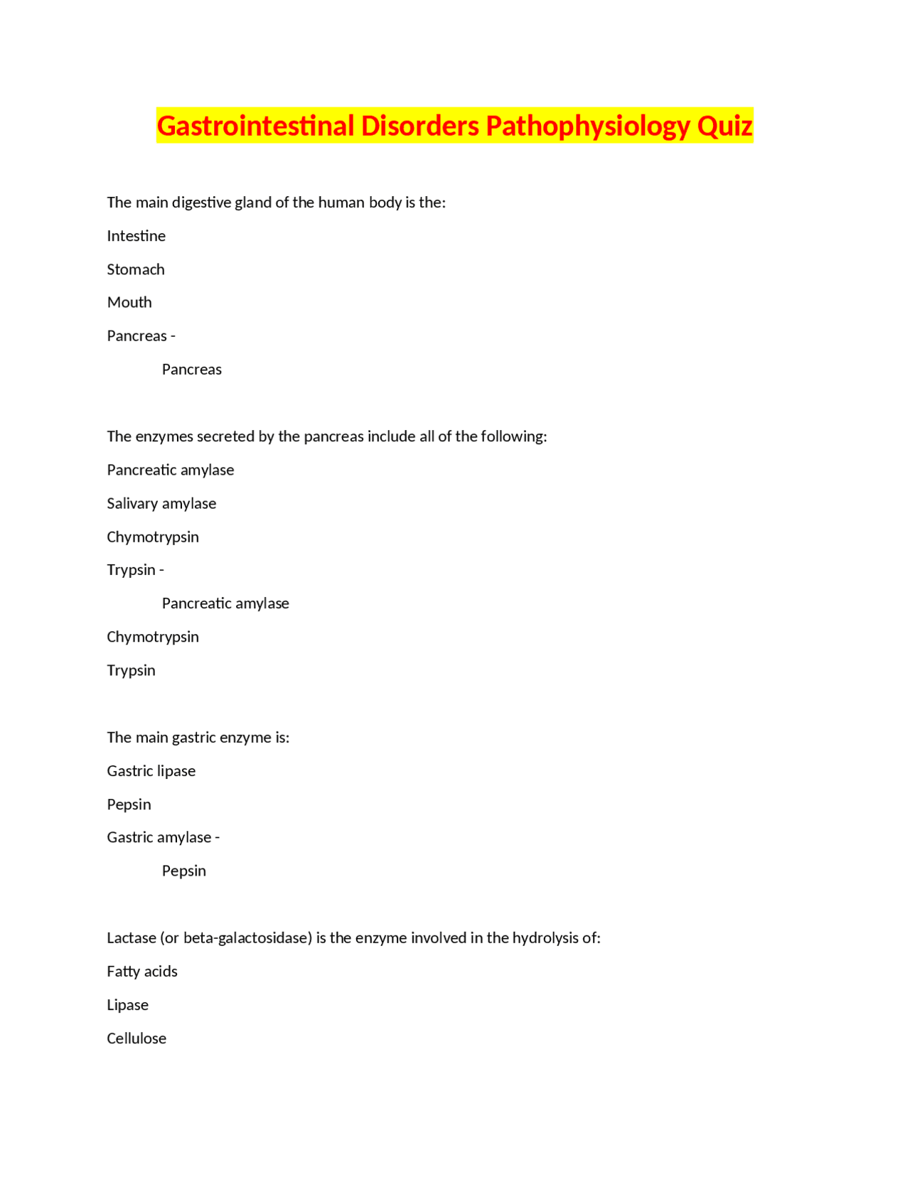 Gastrointestinal Disorders Pathophysiology Quiz with Answers | Exams ...