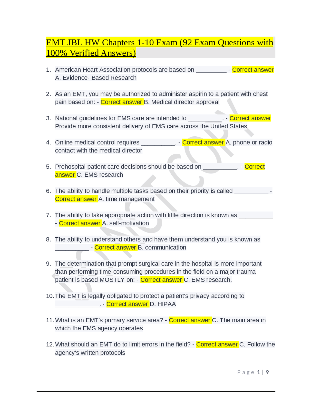 EMT JBL HW Chapters 1-10 Exam with 92 Questions and Answers | Exams Personal Health | Docsity