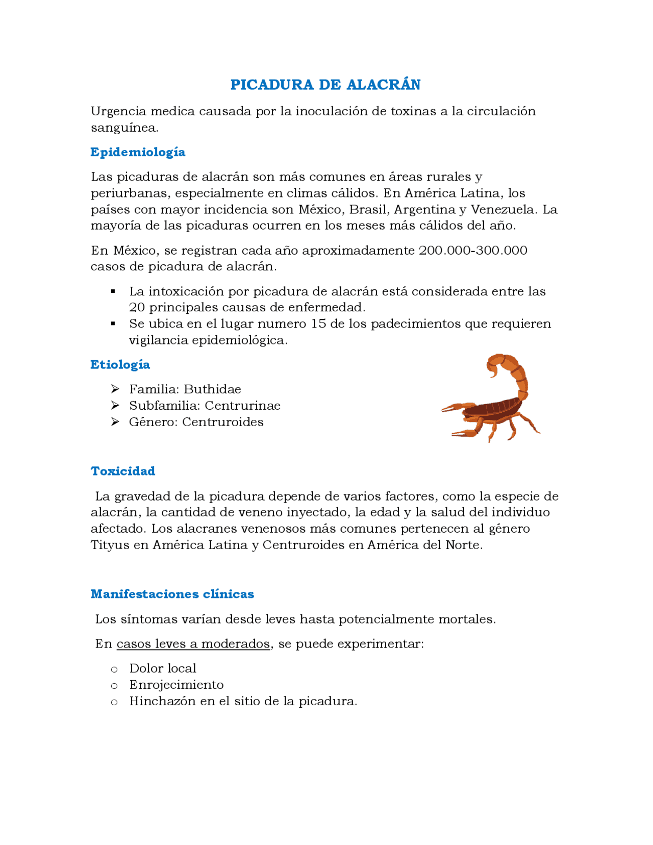 Informacion sobre alacranismo, epidemiologia sintomas diagnostico y ...