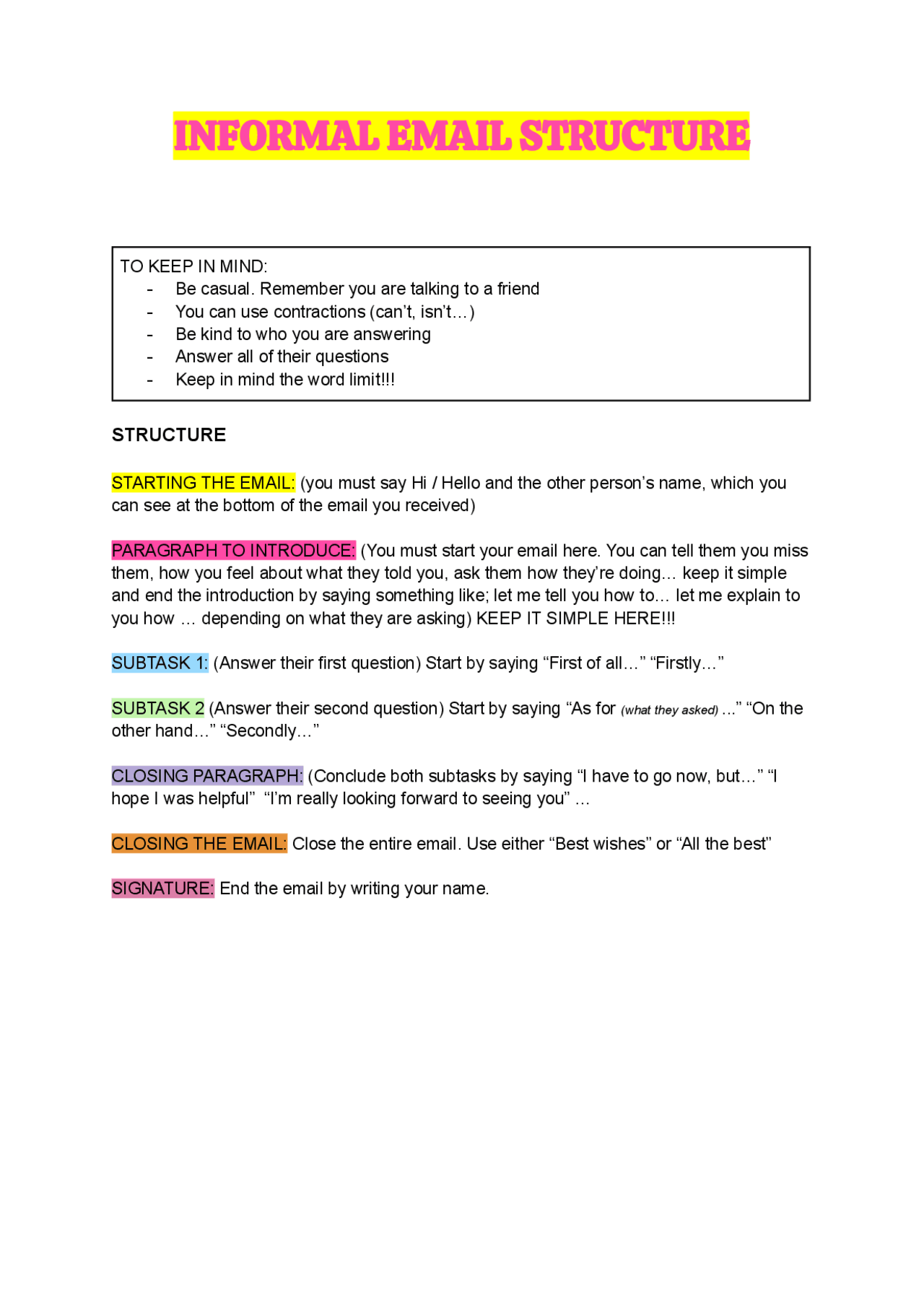 Guía para escribir email informal. Informal email structure Cambridge ...