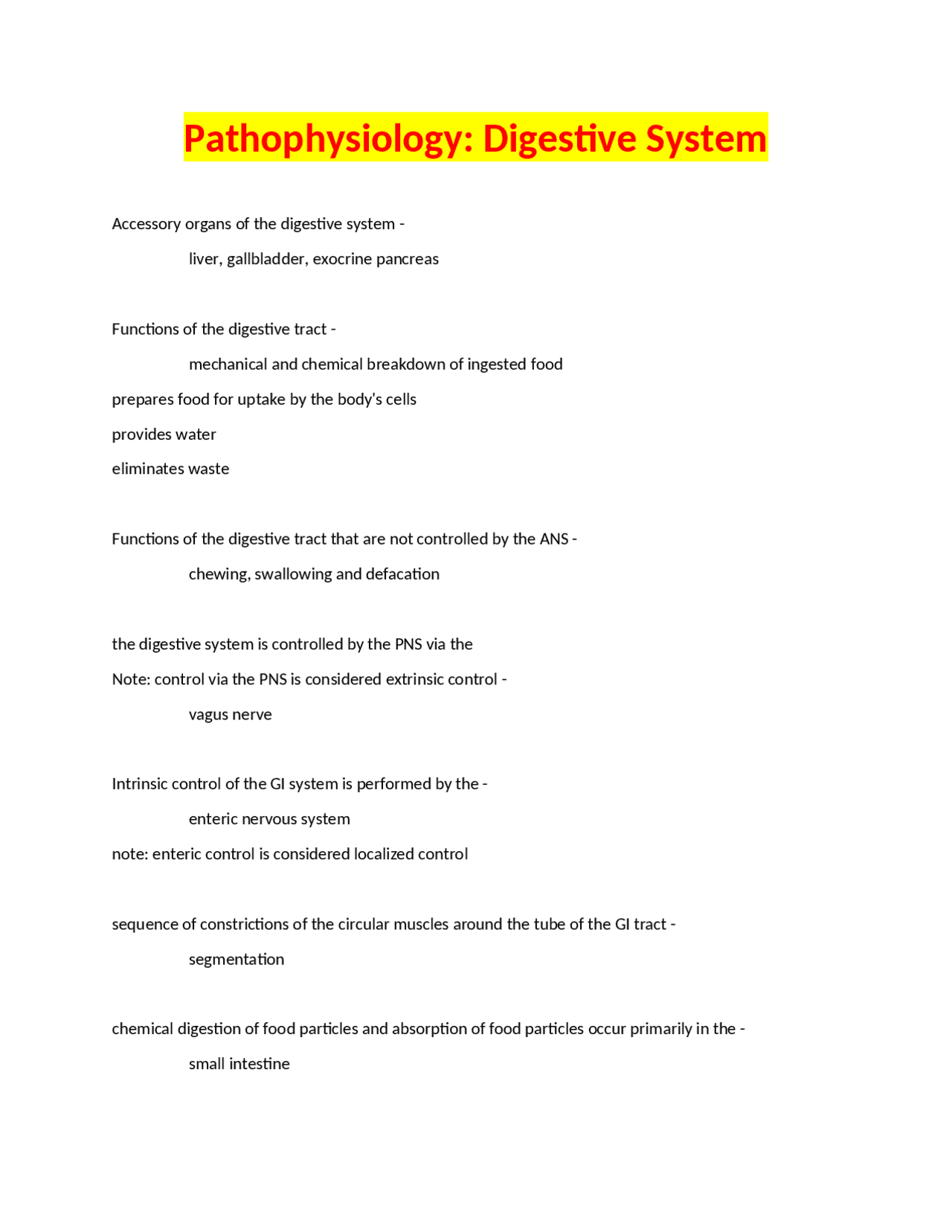 Pathophysiology of the Digestive System: Functions, Control, and ...