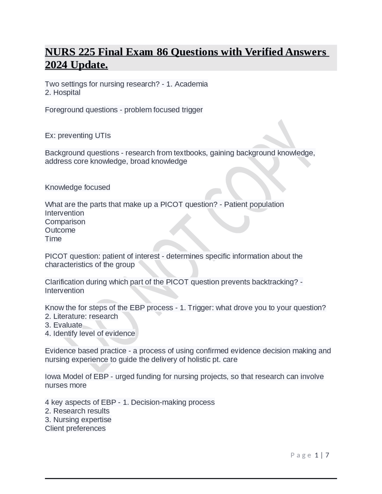 NURS 225 Final Exam: Understanding PICOT Questions, EBP Process, and ...