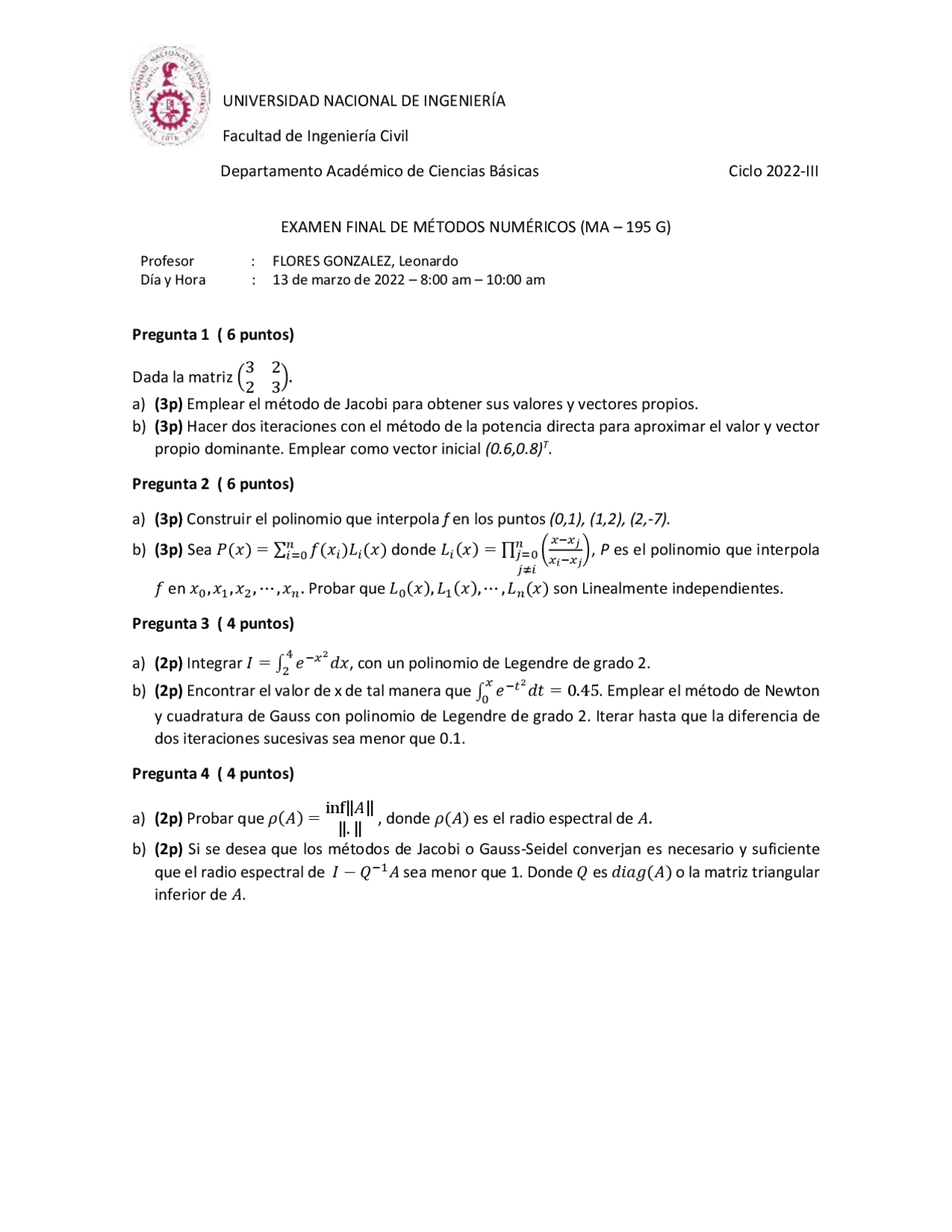 Examen final de métodos numéricos | Exámenes de Métodos Numéricos | Docsity
