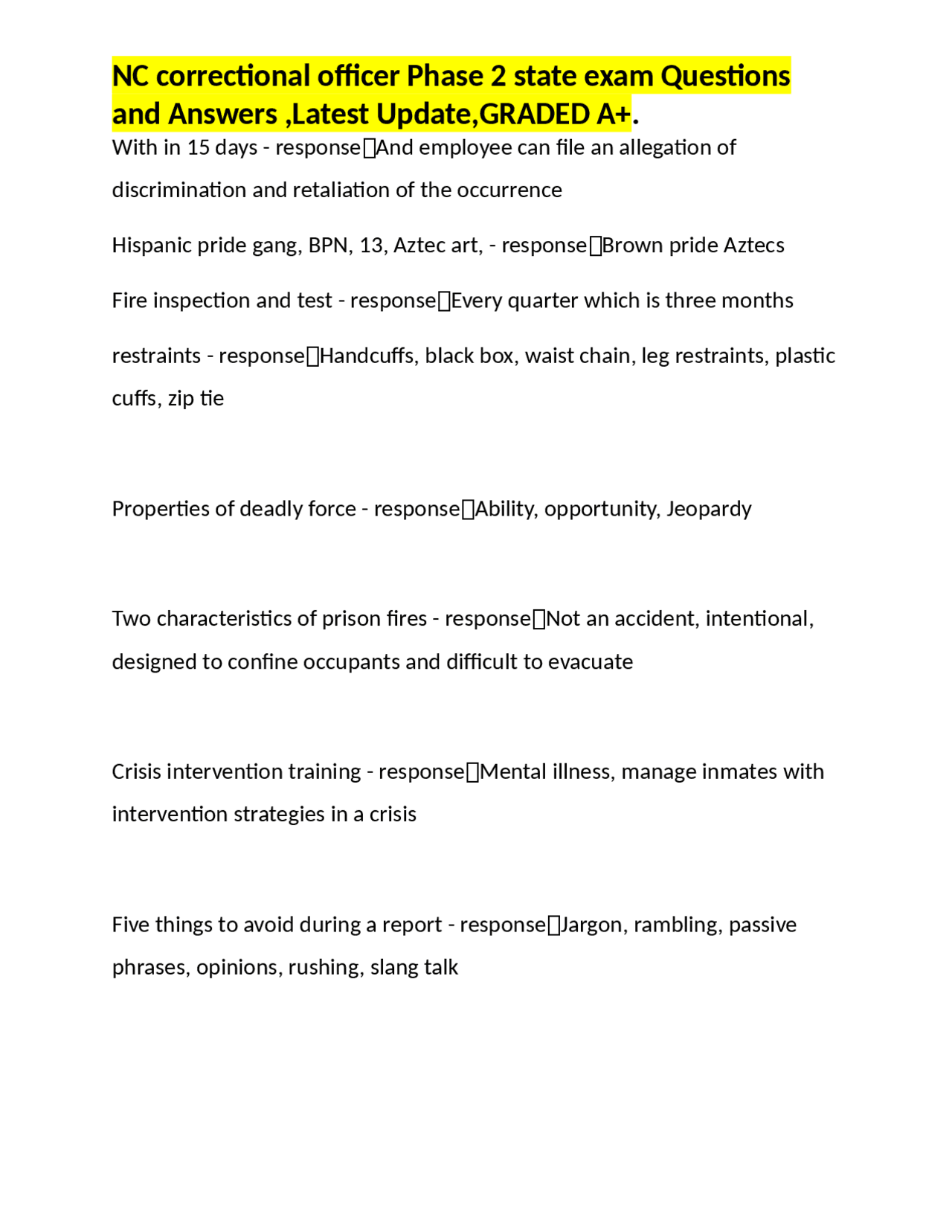 NC Correctional Officer Phase 2 Exam Questions and Answers | Exams ...