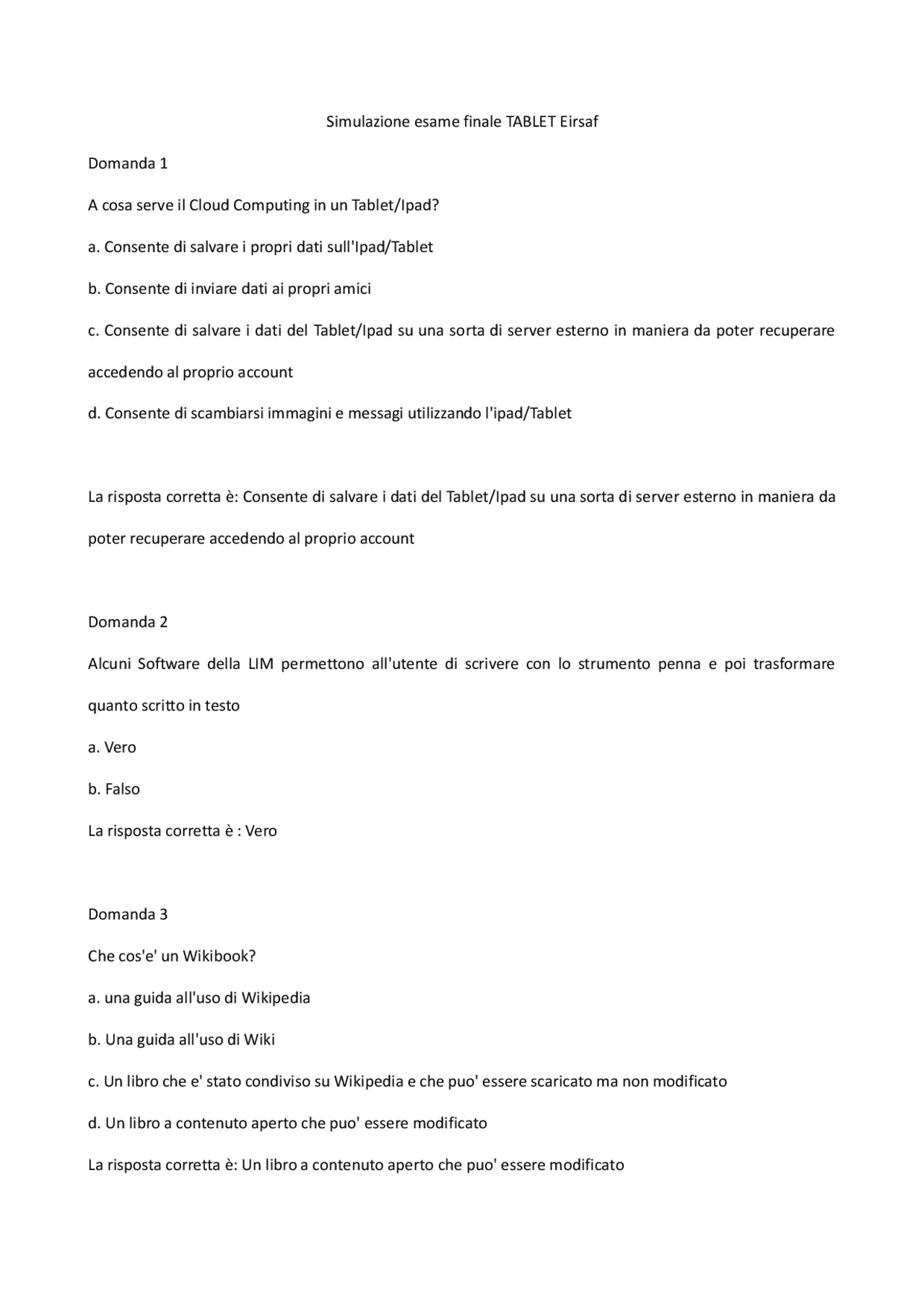 Simulazione esame finale Tablet Eirsaf | Prove d'esame di Informatica | Docsity
