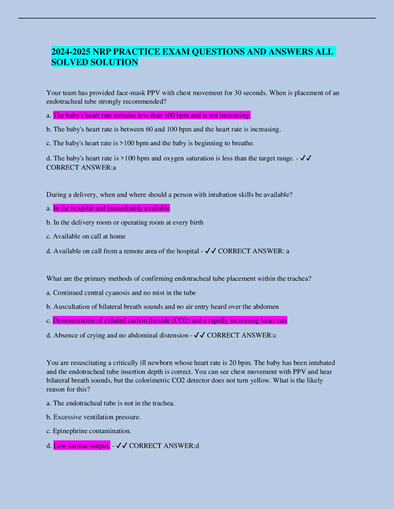 Neonatal Resuscitation Exam Questions and Answers | Exams Nursing | Docsity