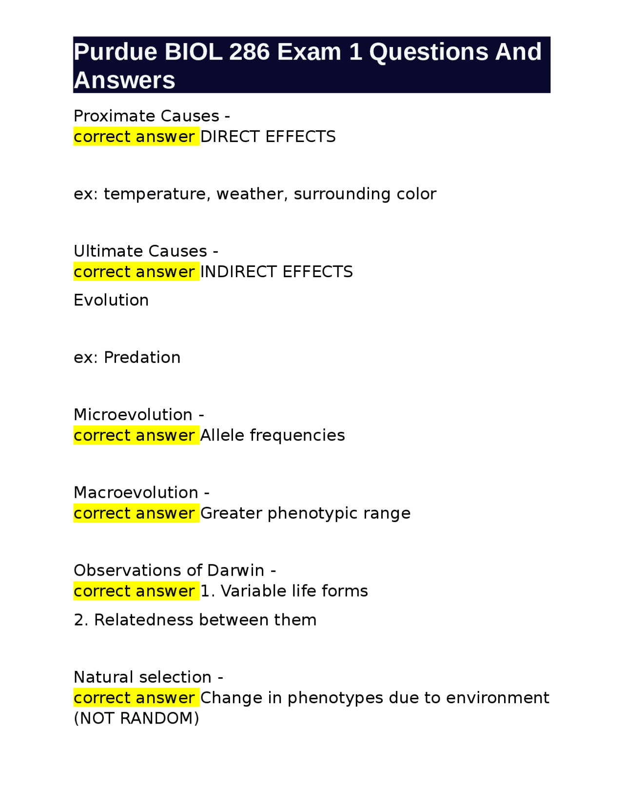 Purdue BIOL 286 Exam 1 Questions And Answers | Exams Biology | Docsity