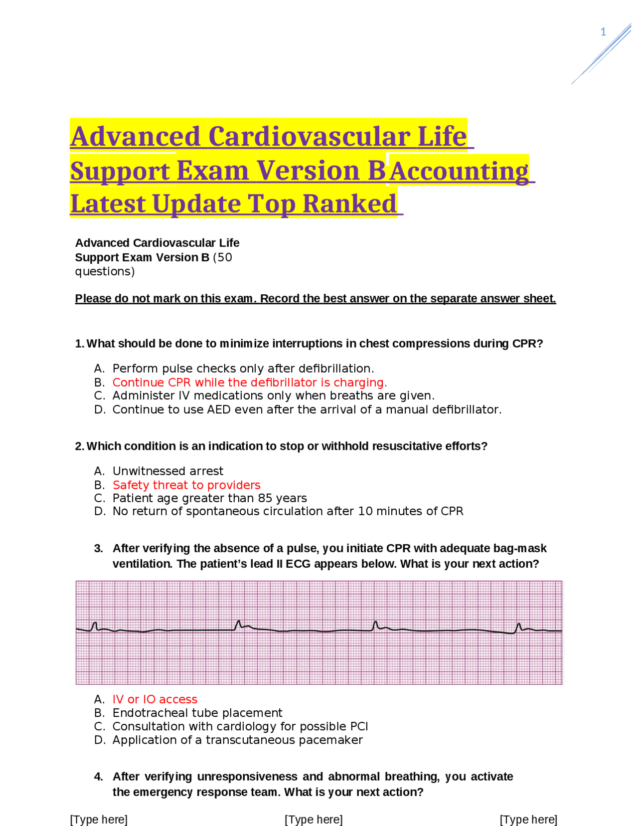 Advanced Cardiovascular Life Support Written Exam | Exams Nursing | Docsity