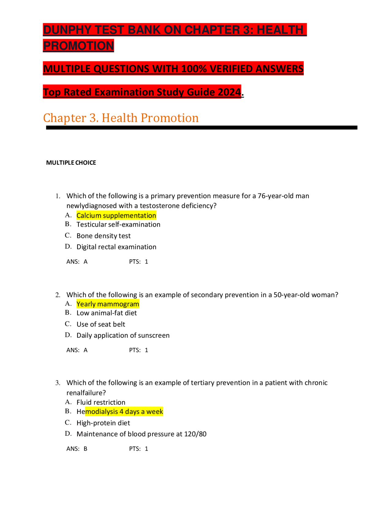 Multiple Questions with Verified Answers on Health Promotion | Exams ...