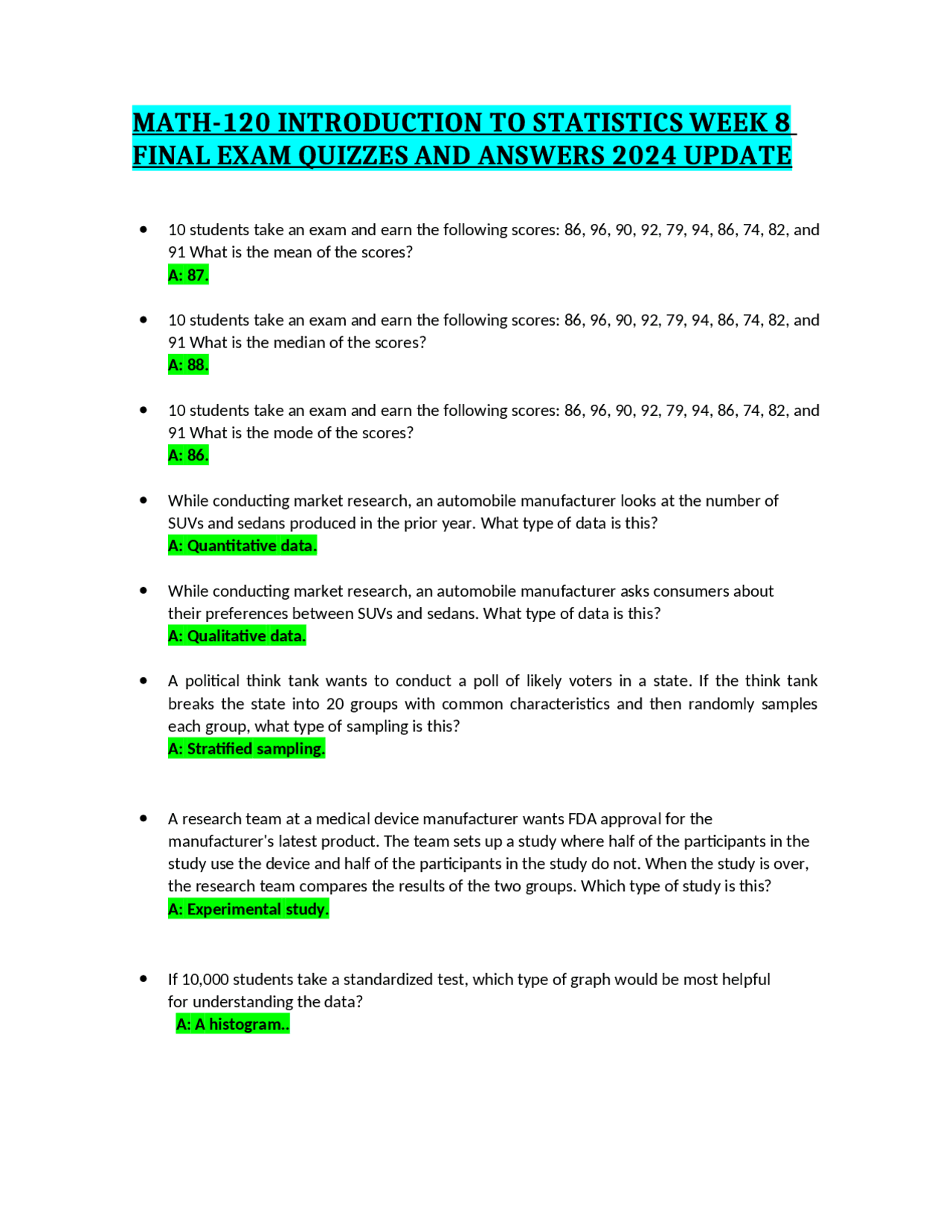 Week 8: MATH-120 Introduction to Statistics Exam Quizzes and Answers 2024 | Exams Mathematics ...