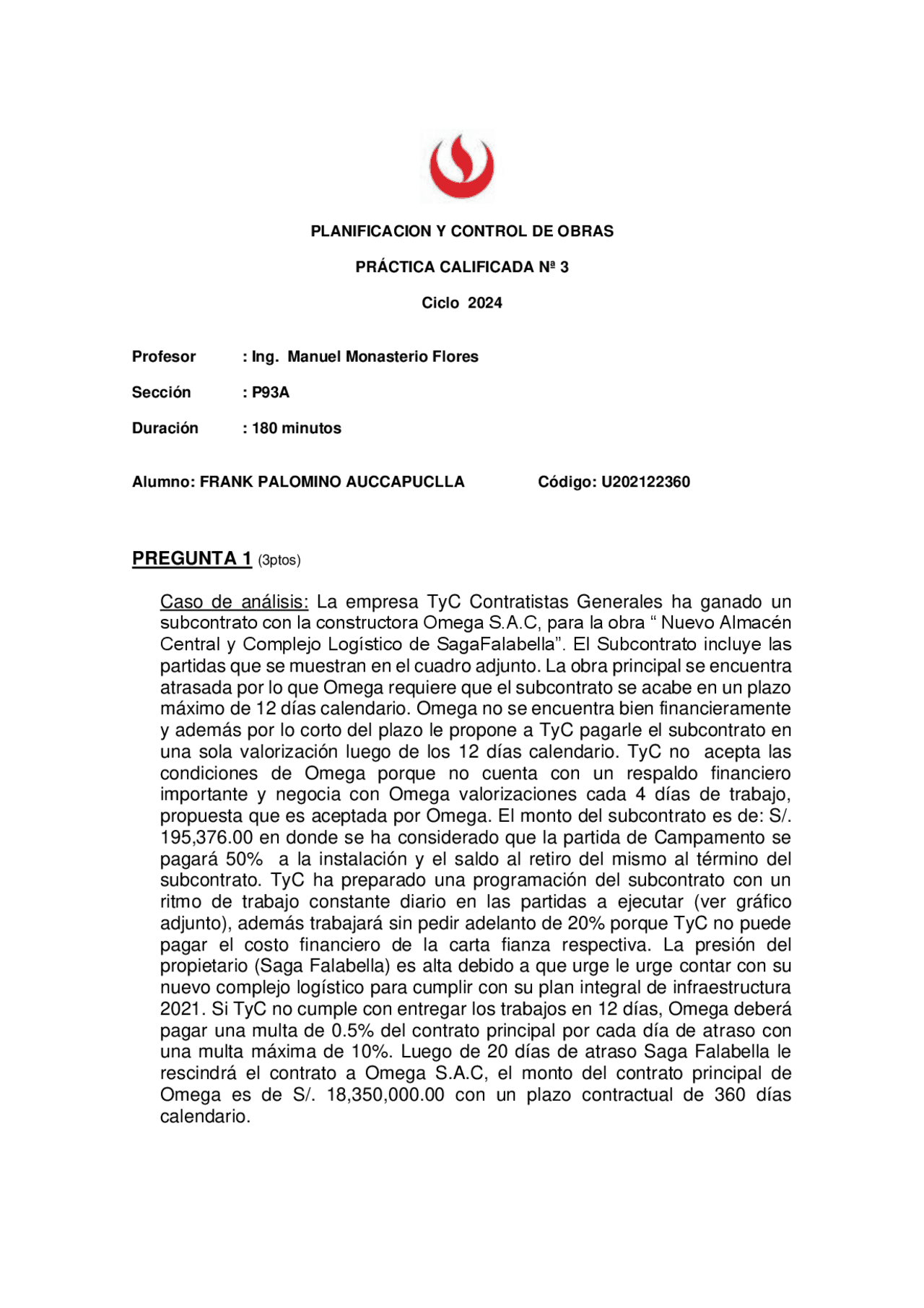 Planificación y Control de Obras: Práctica Calificada N°3 | Exámenes de Obras de abastecimiento ...