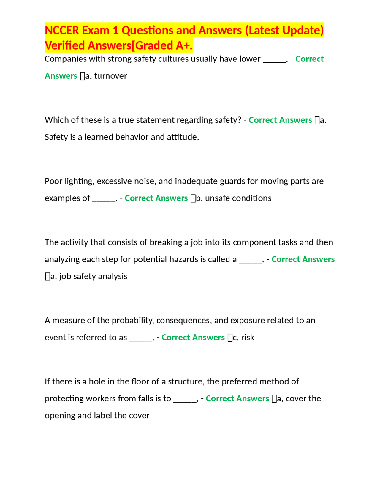 NCCER Exam 1: Safety Questions and Answers | Exams Community Health ...