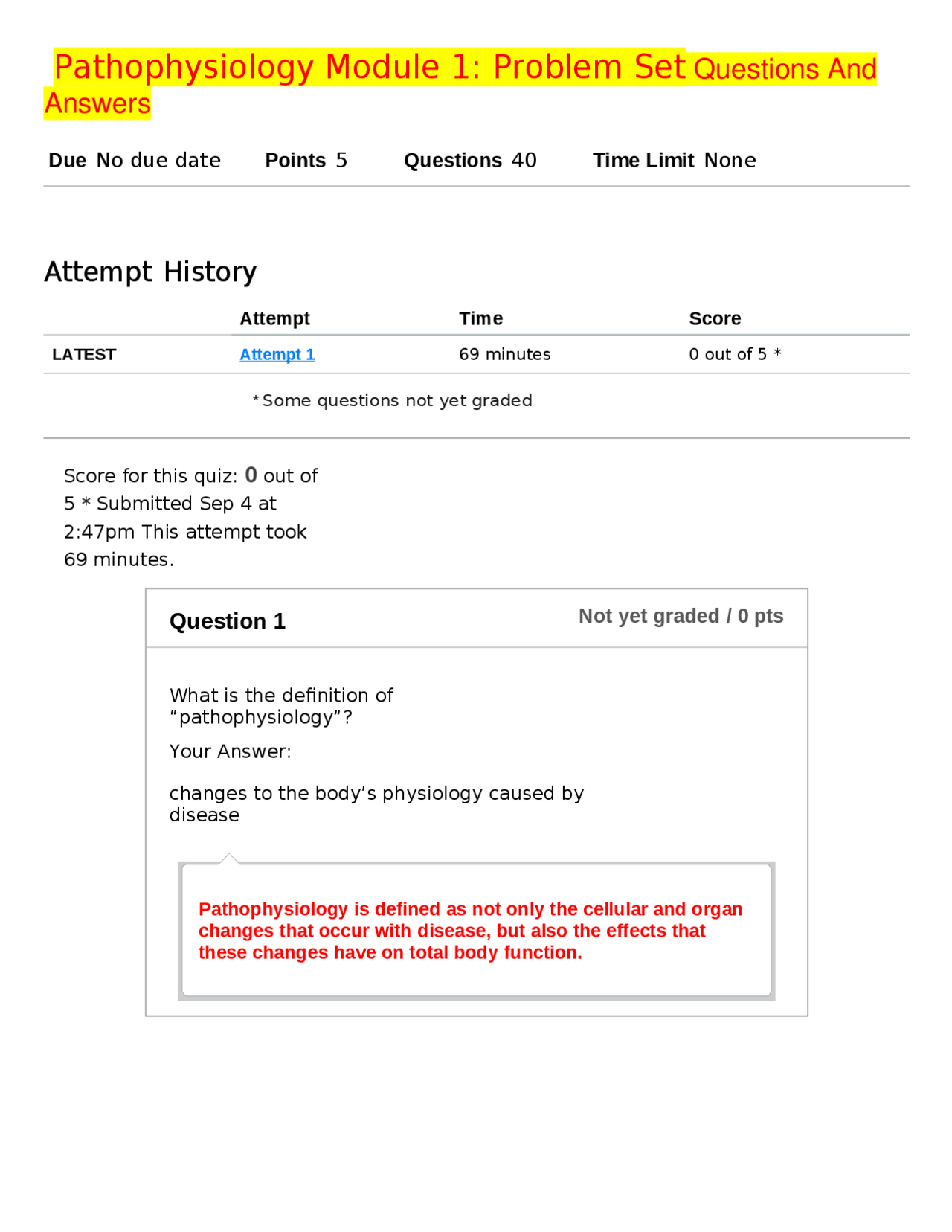 Pathophysiology Module 1: Problem Set Questions And Answers | Exams Pathophysiology | Docsity