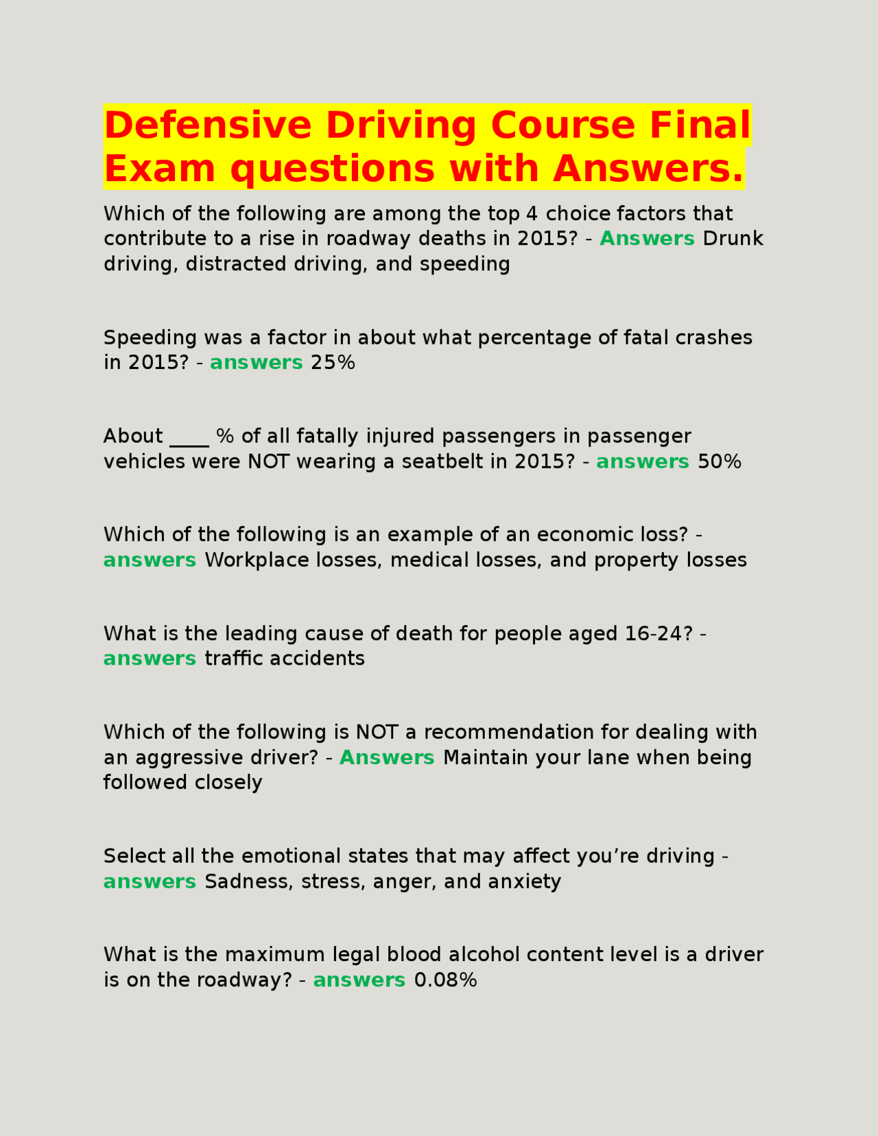 Defensive Driving Course Final Exam questions with Answers. | Exams Nursing | Docsity