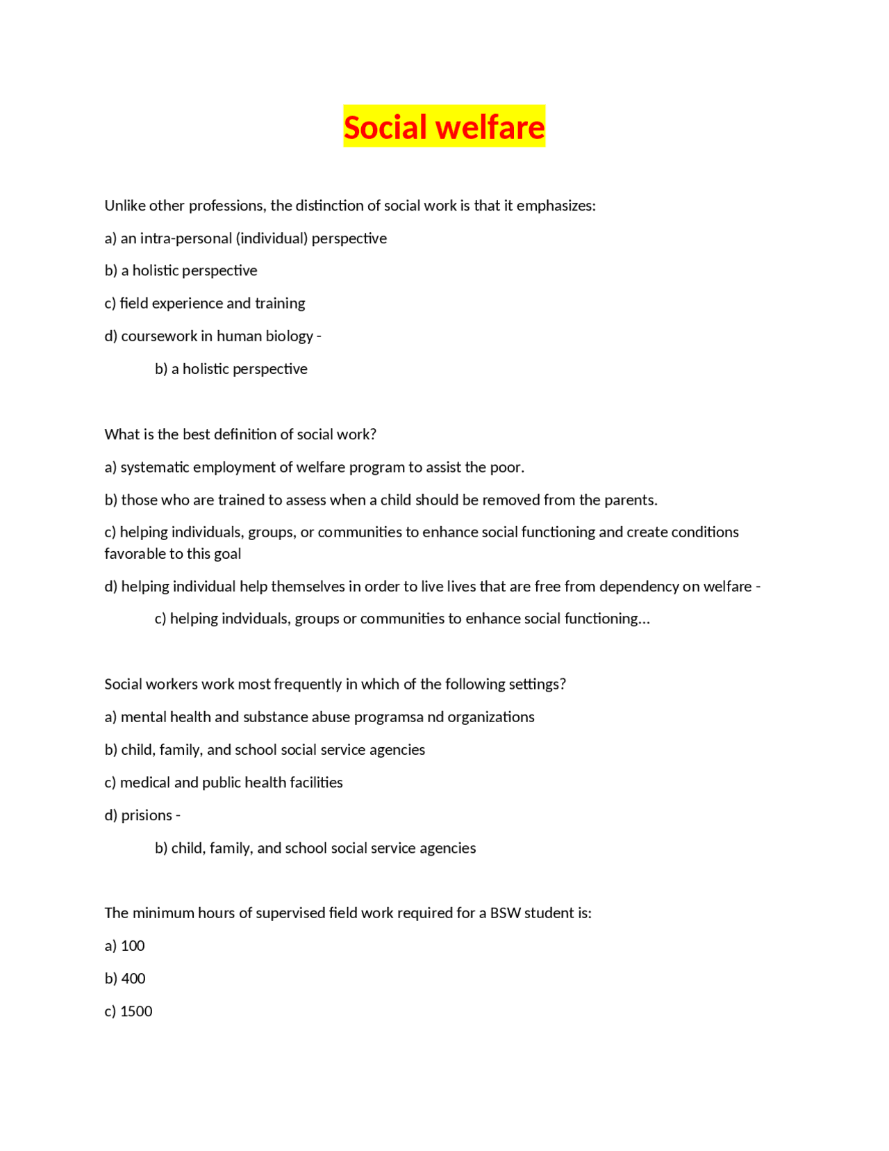 Social Work: Settings, Population Projections, and Core Values | Exams Social Work | Docsity