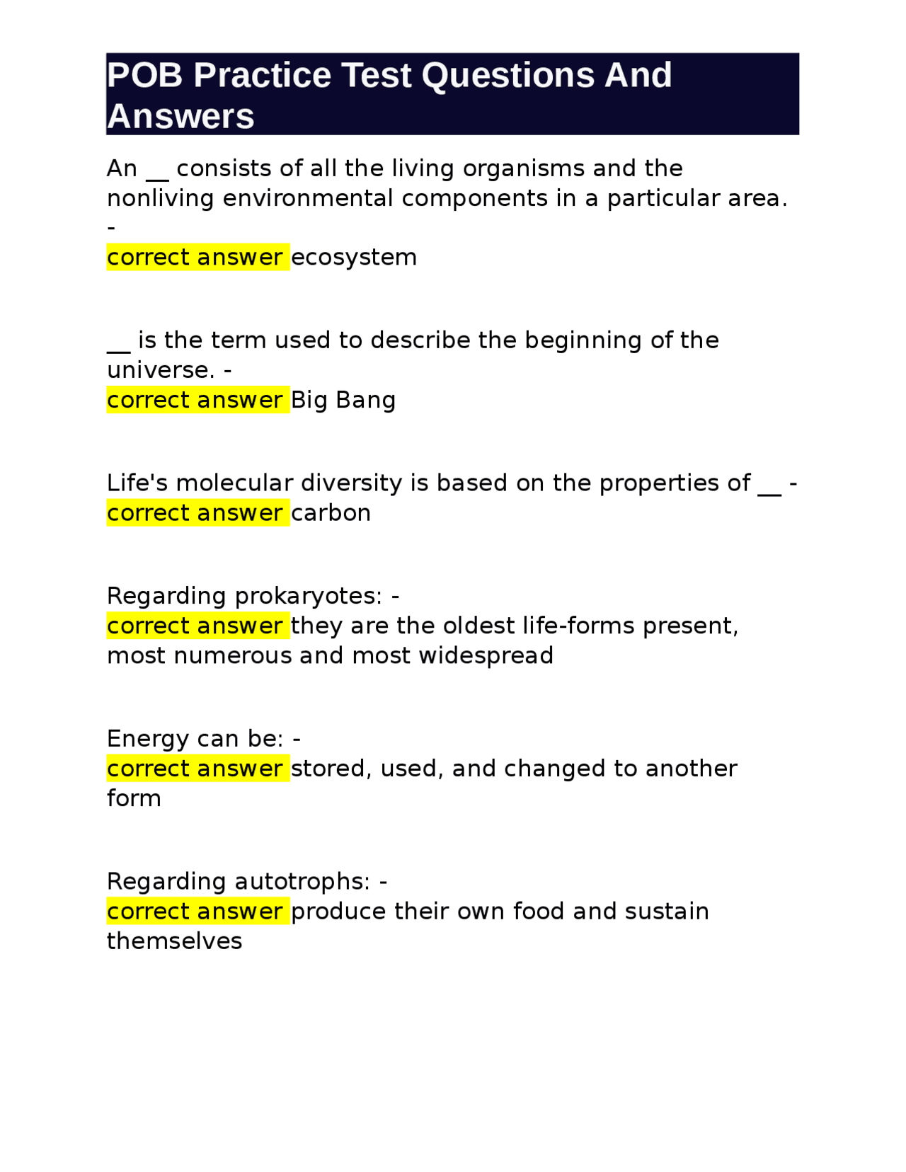 POB Practice Test Questions and Answers: Biology Concepts | Exams ...