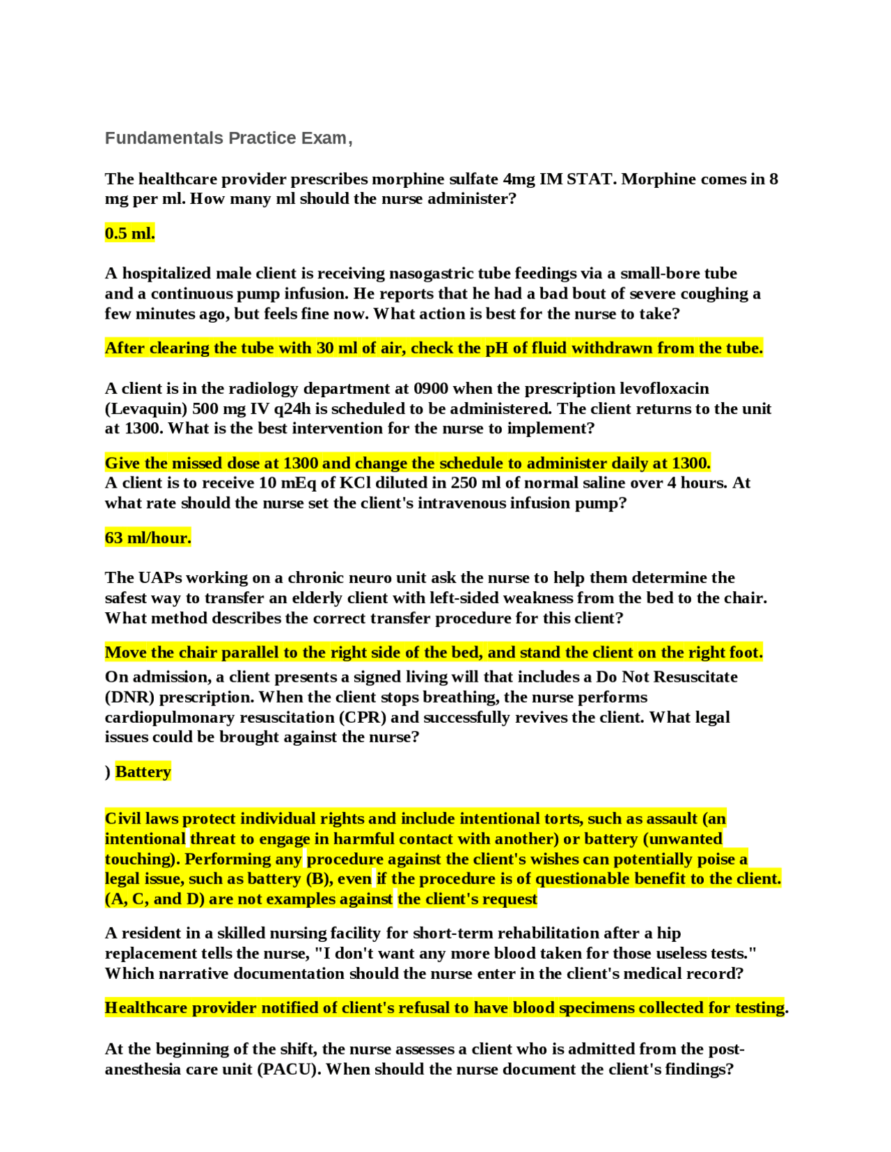 Fundamentals Practice Exam Exams Nursing Docsity 