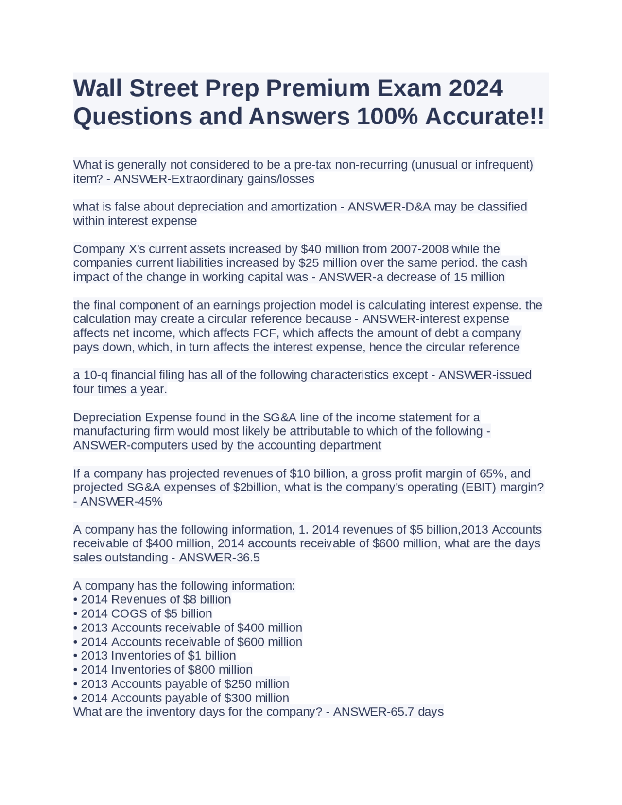 Wall Street Prep Premium Exam 2024 Questions and Answers 100% Accurate ...