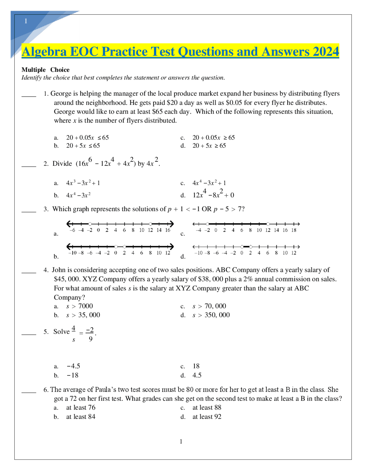 Algebra EOC Practice Test Questions and Answers 2024 | Exams Algebra ...