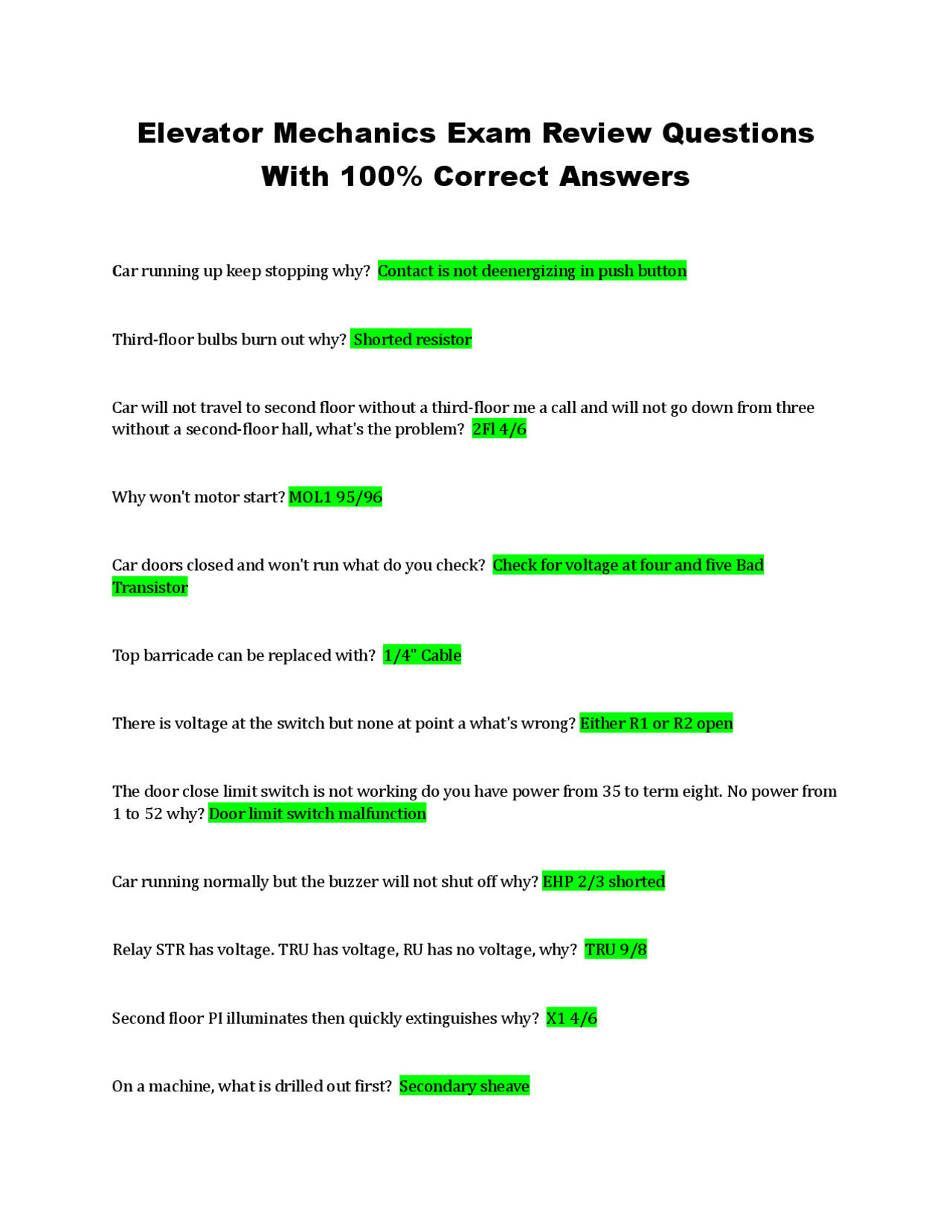 Elevator Mechanics Exam Review Questions With 100% Correct Answers ...