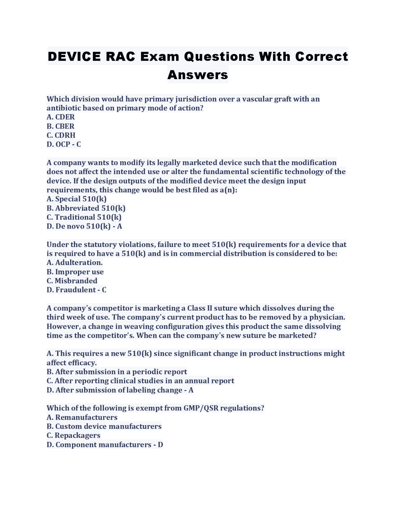 Device Rac Exam Questions With Correct Answers Exams Health Sciences