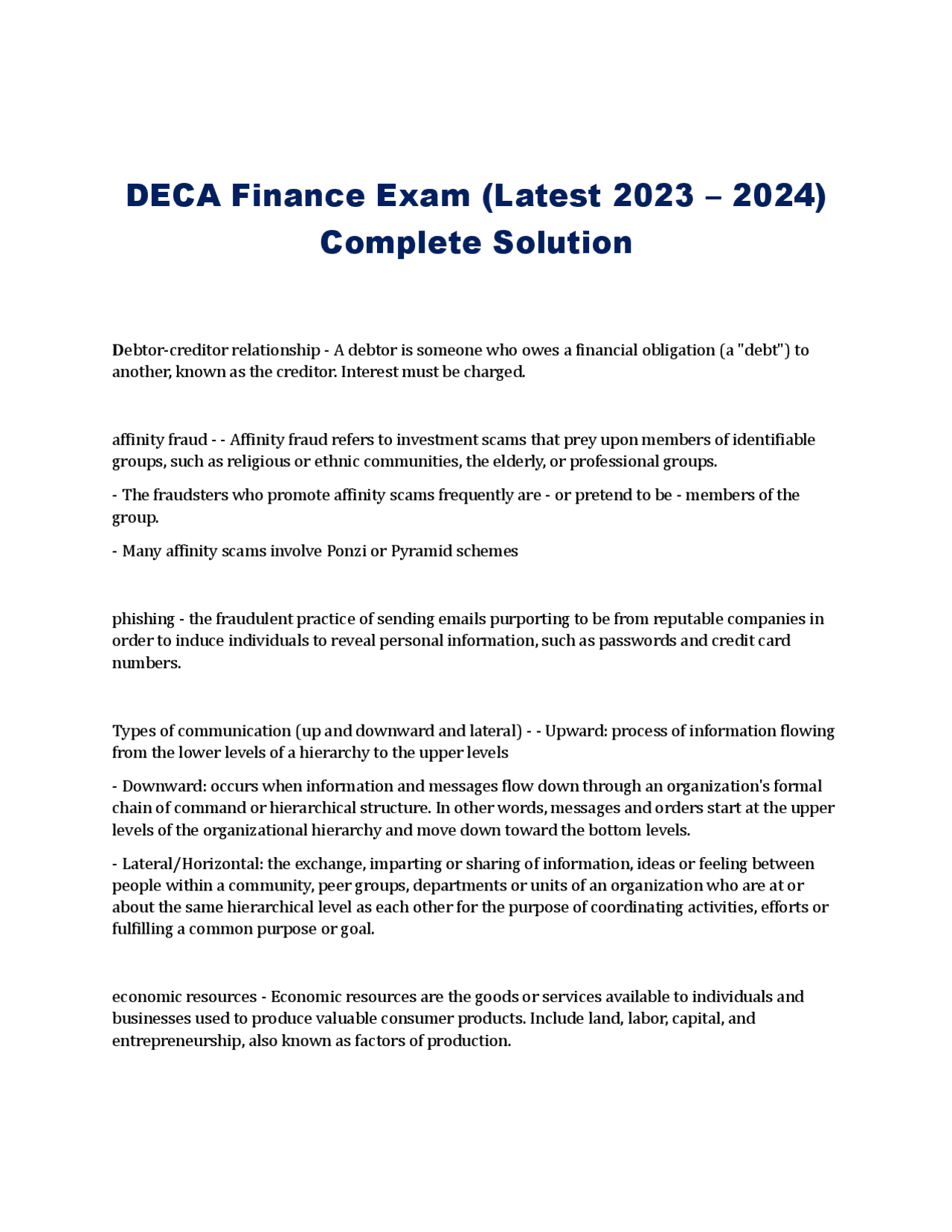 DECA Finance Exam (Latest 2023 – 2024) Complete Solution | Exams ...