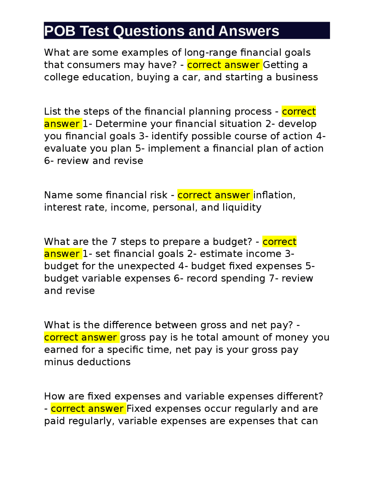 POB Test: Financial Planning and Money Management Questions and Answers ...