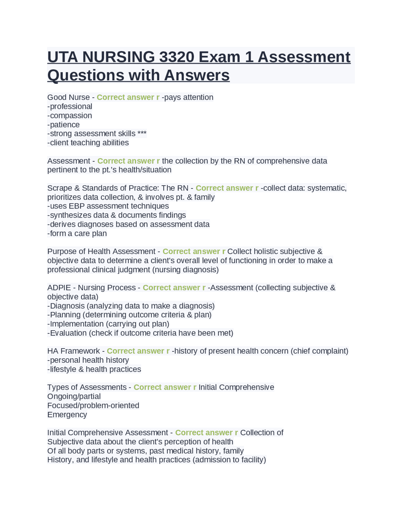 UTA Nursing 3320 Exam 1: Health Assessment Questions and Answers | Exams Nursing | Docsity