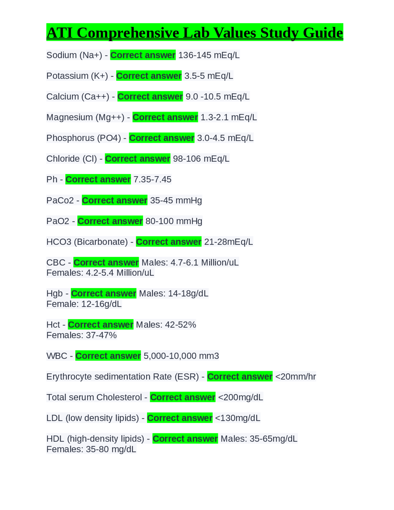 ATI Comprehensive Lab Values Study Guide | Exams Nursing | Docsity