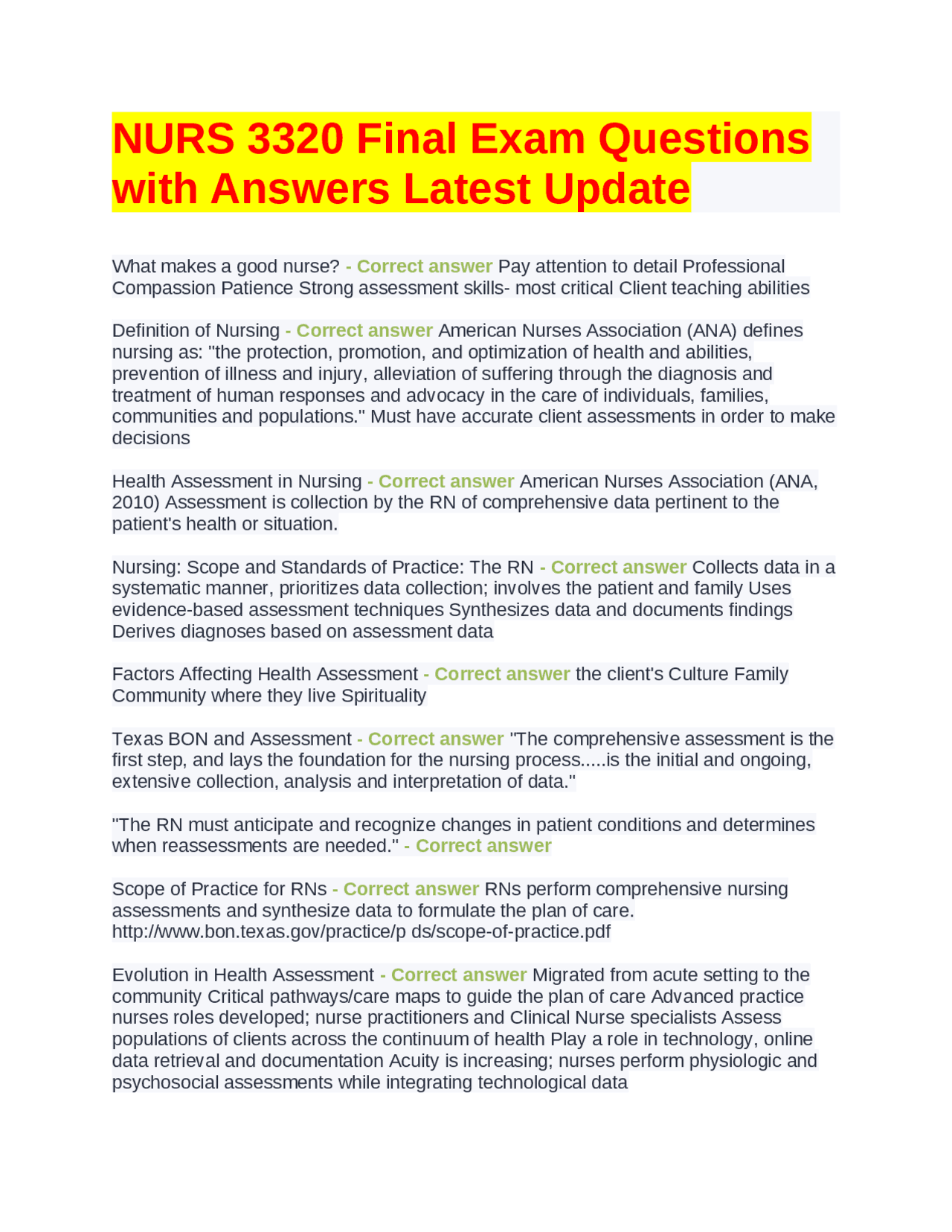 NURS 3320 Final Exam Questions with Answers Latest Update | Exams ...