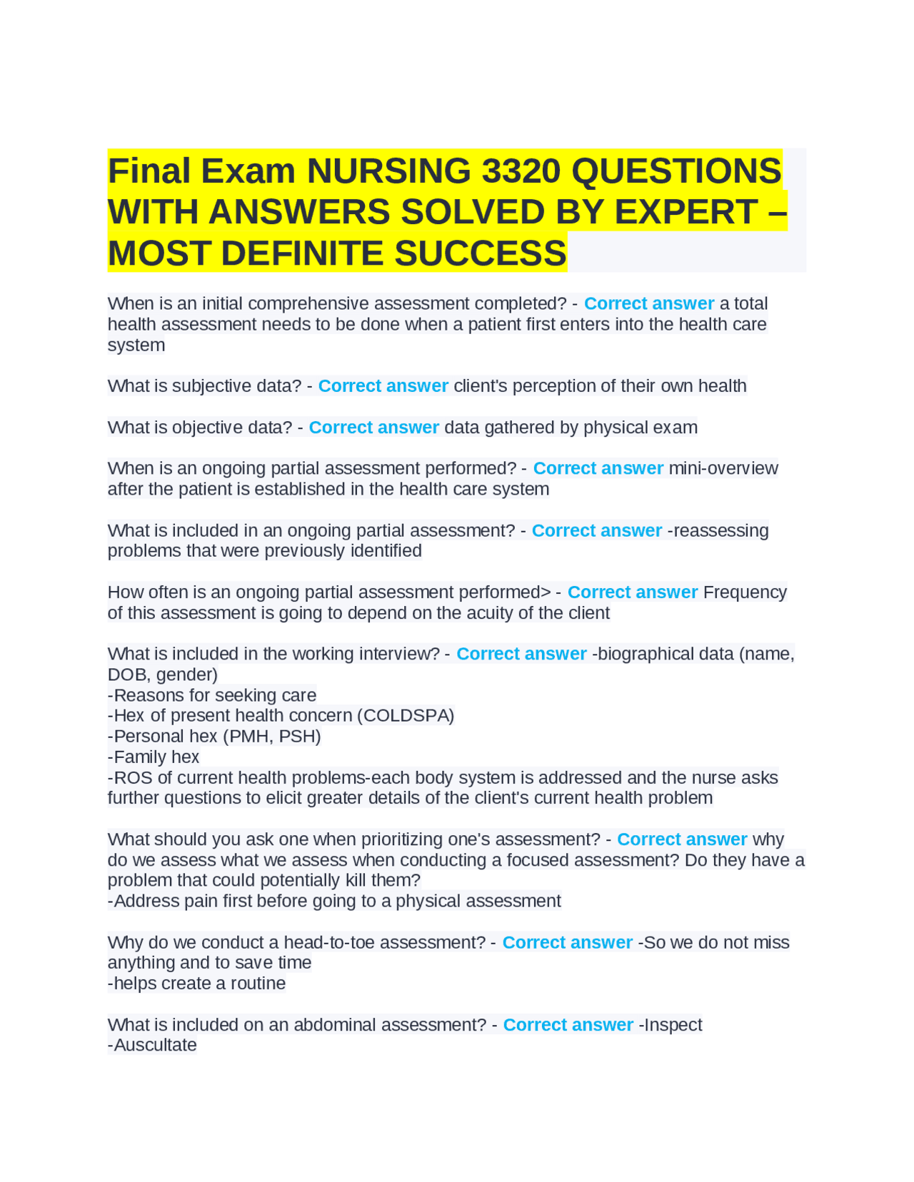 Medical Assessment: Answers and Explanations | Exams Nursing | Docsity