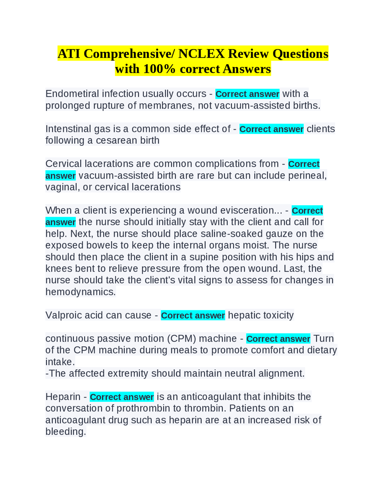 ATI Comprehensive/ NCLEX Review Questions with 100% correct Answers ...