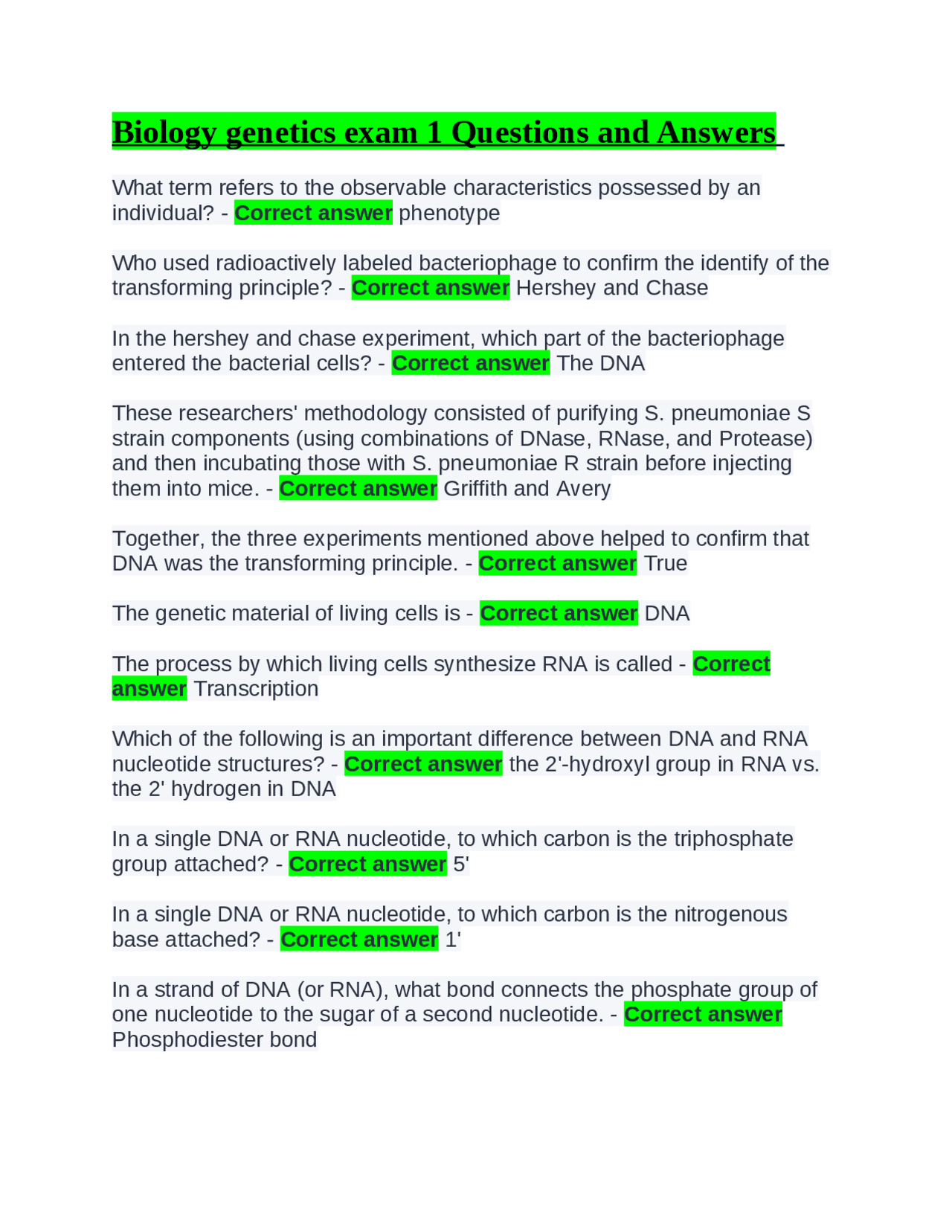 Biology genetics exam 1 Questions and Answers | Exams Genetics | Docsity