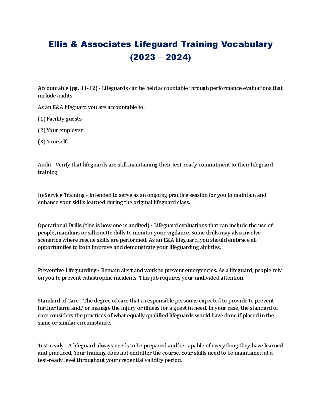 Ellis & Associates Lifeguard Training Vocabulary (2023 – 2024) | Exams ...